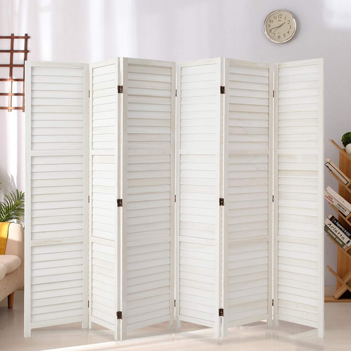 Esright 6 Panel Wood Room Divider, 5.6 Ft Tall Folding Privacy Screen Room Divider, Freestanding Partition Wall Dividers for Office,White