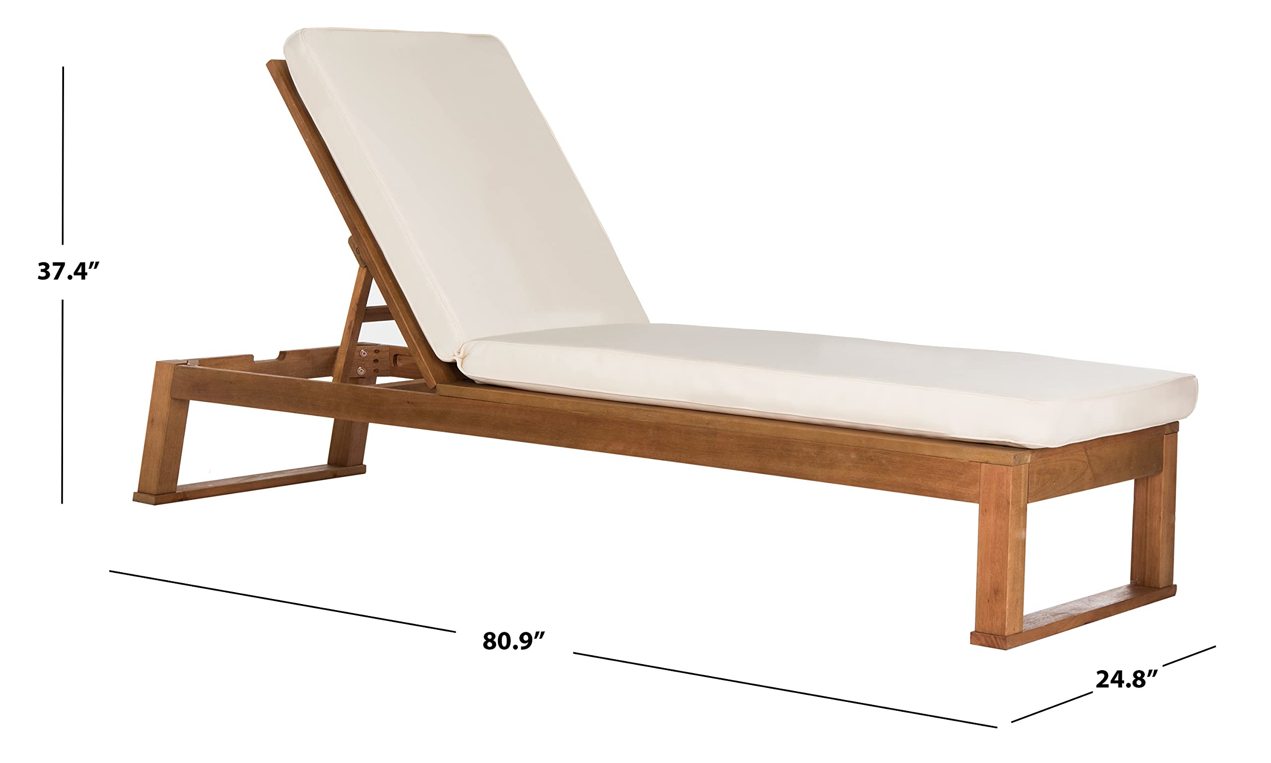 SAFAVIEH Outdoor Collection Solano Natural Brown Solid Wood/Beige Cushion Patio Adjustable Chaise Lounge Chair (PAT7024A)