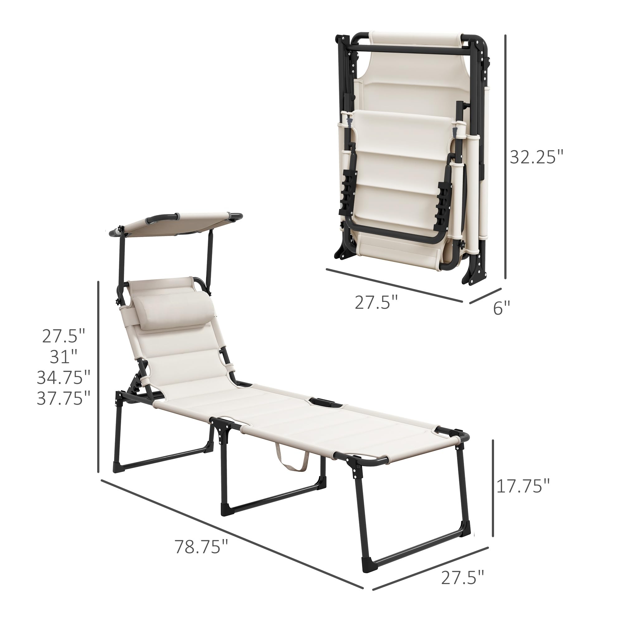 Outsunny Outdoor Lounge Chair, Adjustable Backrest Folding Chaise Lounge, Cushioned Tanning Chair with Sunshade Roof & Pillow Headrest for Beach, Camping, Hiking, Cream White