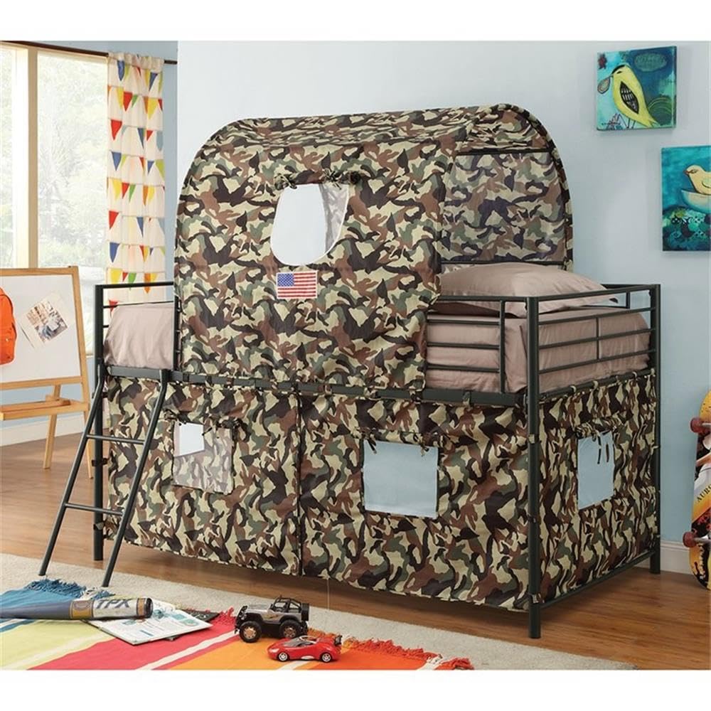 Roseberry Kids Modern Metal Camouflage Loft Bed with Tent Cover in Army Green