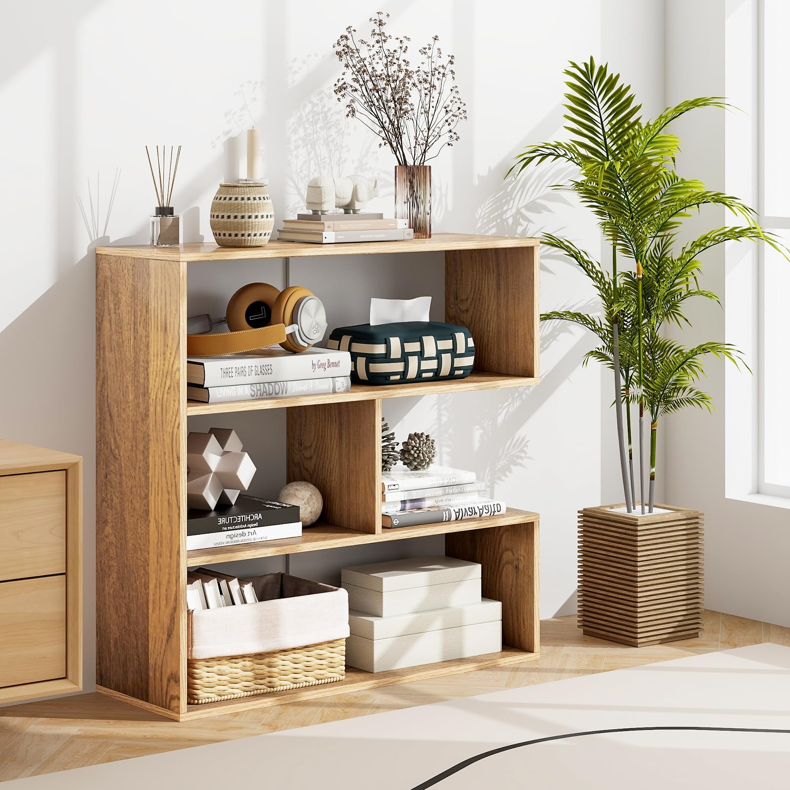 Tangkula 3 Cubes Bookcase, Irregular Open Bookcase, Freestanding Bookshelf Combination, Anti-Tipping Device, Home Display Storage Shelf for Living Room Study (Natural, 3-Cube, Concave)
