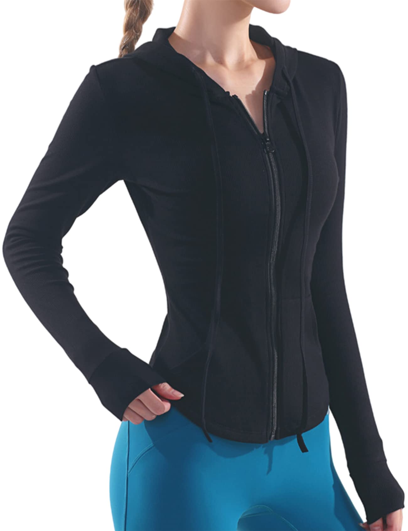 Gihuo Women' s Running Yoga Jacket Full Zip Athletic Workout Hooded Jacket(Black-M)