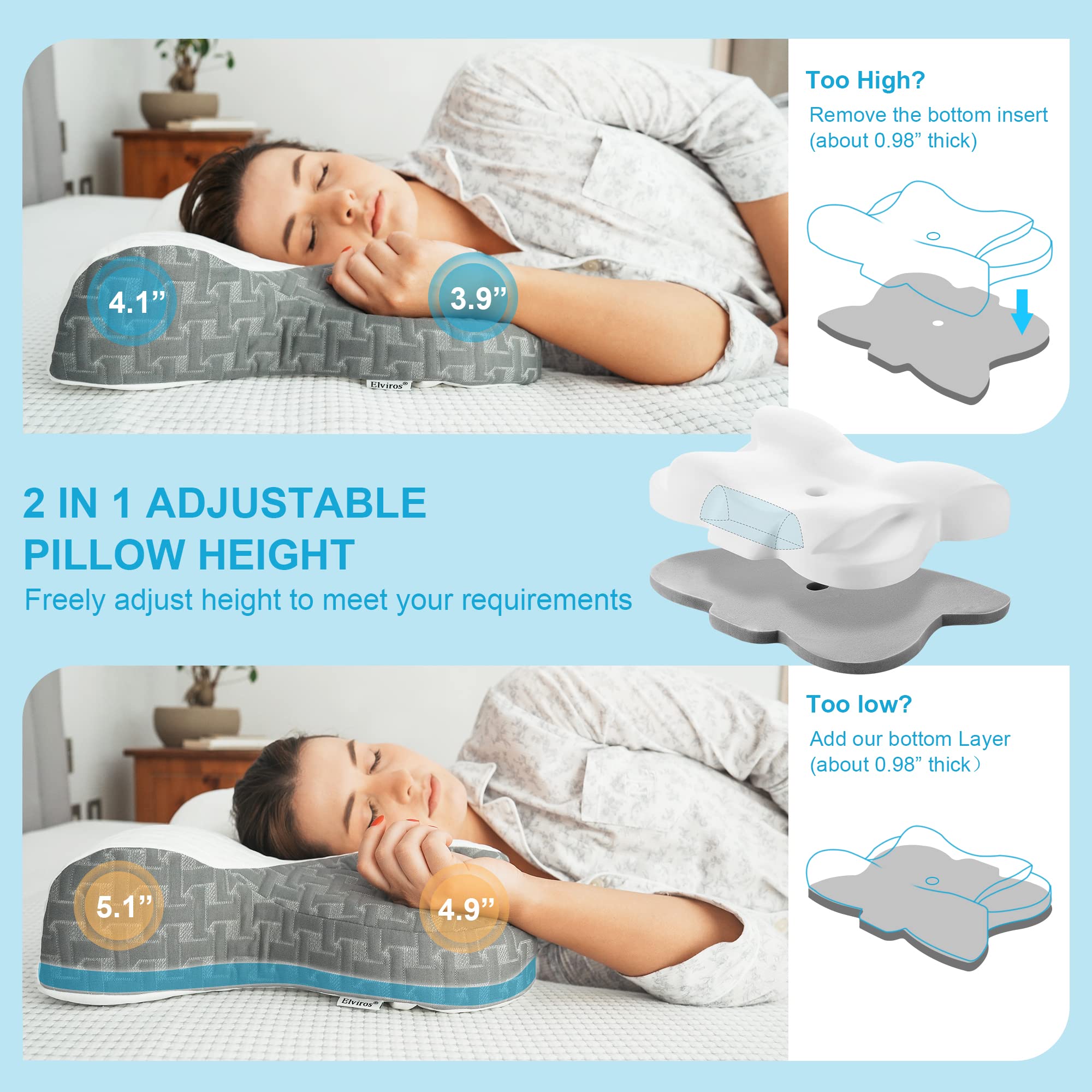 Elviros Cervical Memory Foam Neck Pillow for Pain Relief, Adjustable Orthopedic Contour Support Pillows for Sleeping, Ergonomic Bed Pillow for Side, Back, Stomach Sleepers, Queen Size (White)