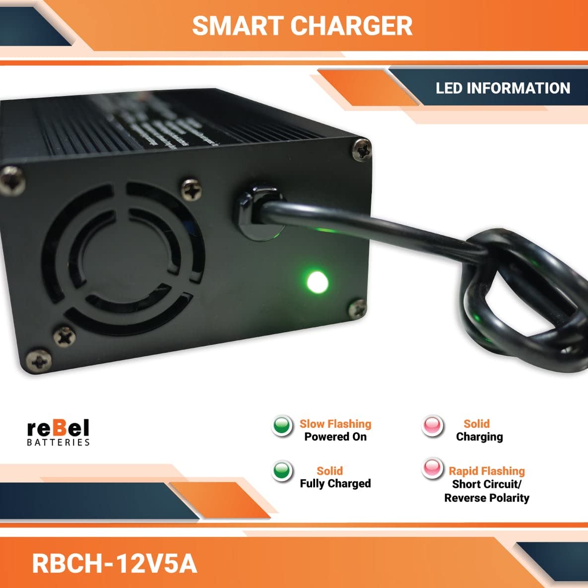 reBel Batteries - 12V LiFePO4 Charger 5 Amp Intelligent Chip CC/CV Multistage Lithium Battery Charger Ring Terminals Plus Alligator Clips