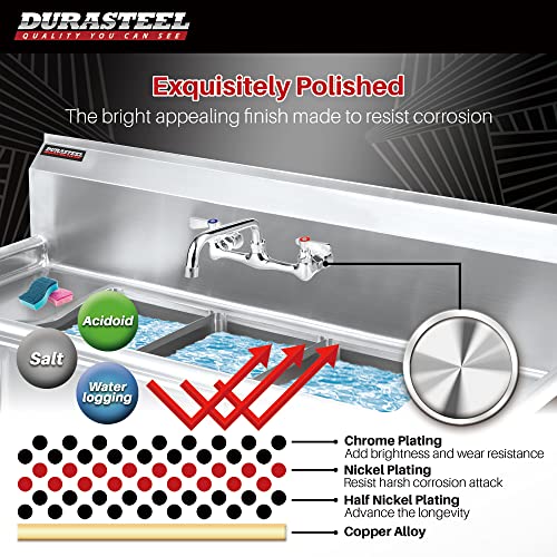 Kitchen Sink No Lead Faucet - DuraSteel 8" Center Wall Mounted Commercial Kitchen Sink Faucet with 6" Swivel Spout - NSF Certified - Dual Lever Handles - Brass Constructed & Chrome Polished