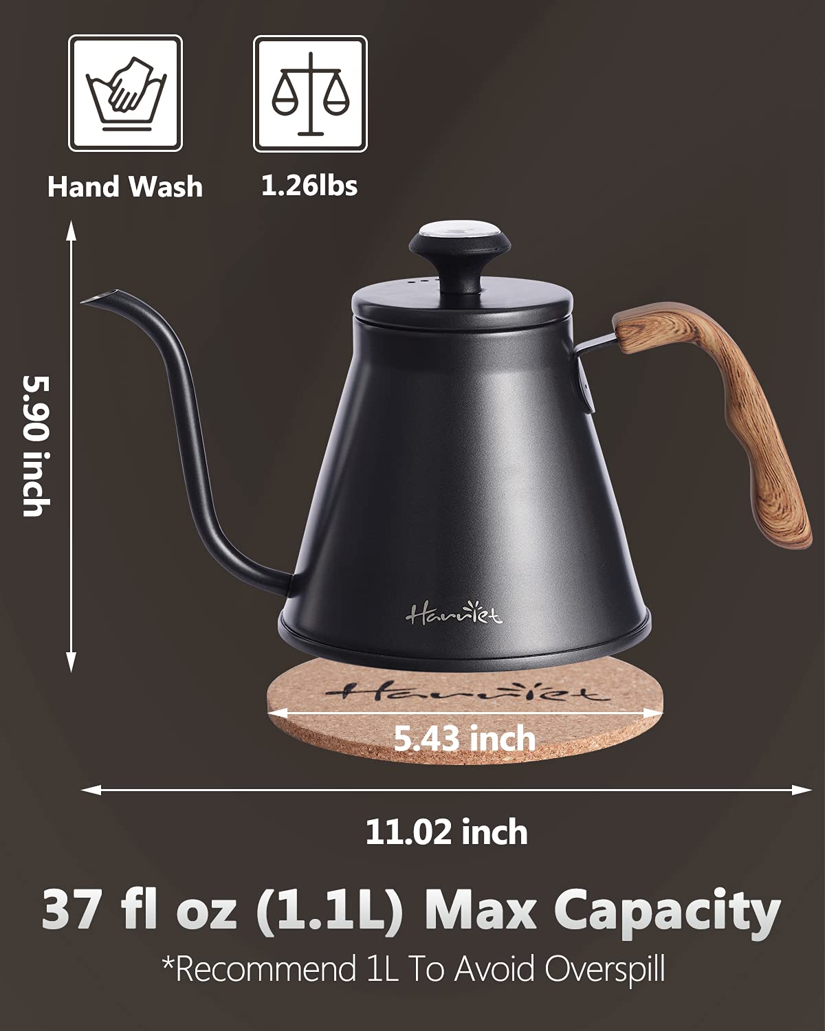 harriet Gooseneck Kettle, 37oz (1.1L) Pour Over Kettle with Built-in Thermometer Coffee Kettle with Anti-Hot Handle, Anti-Rust Stainless Steel with Flow Spout Design For Drip Coffee
