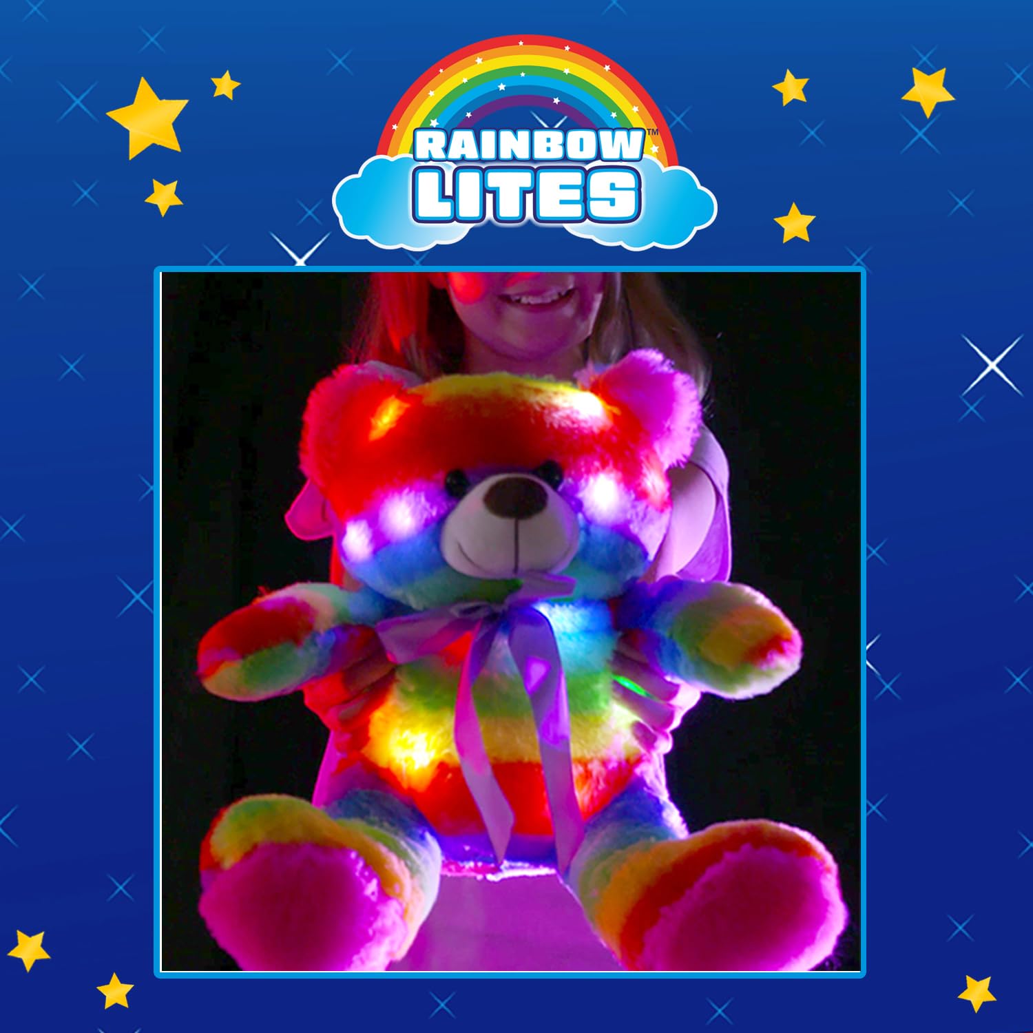 The Noodley Rainbow Lites Light Up Teddy Bear Stuffed Animal Plush LED Night Light Sleep Toy for Girls (16 inch, Batteries Included)