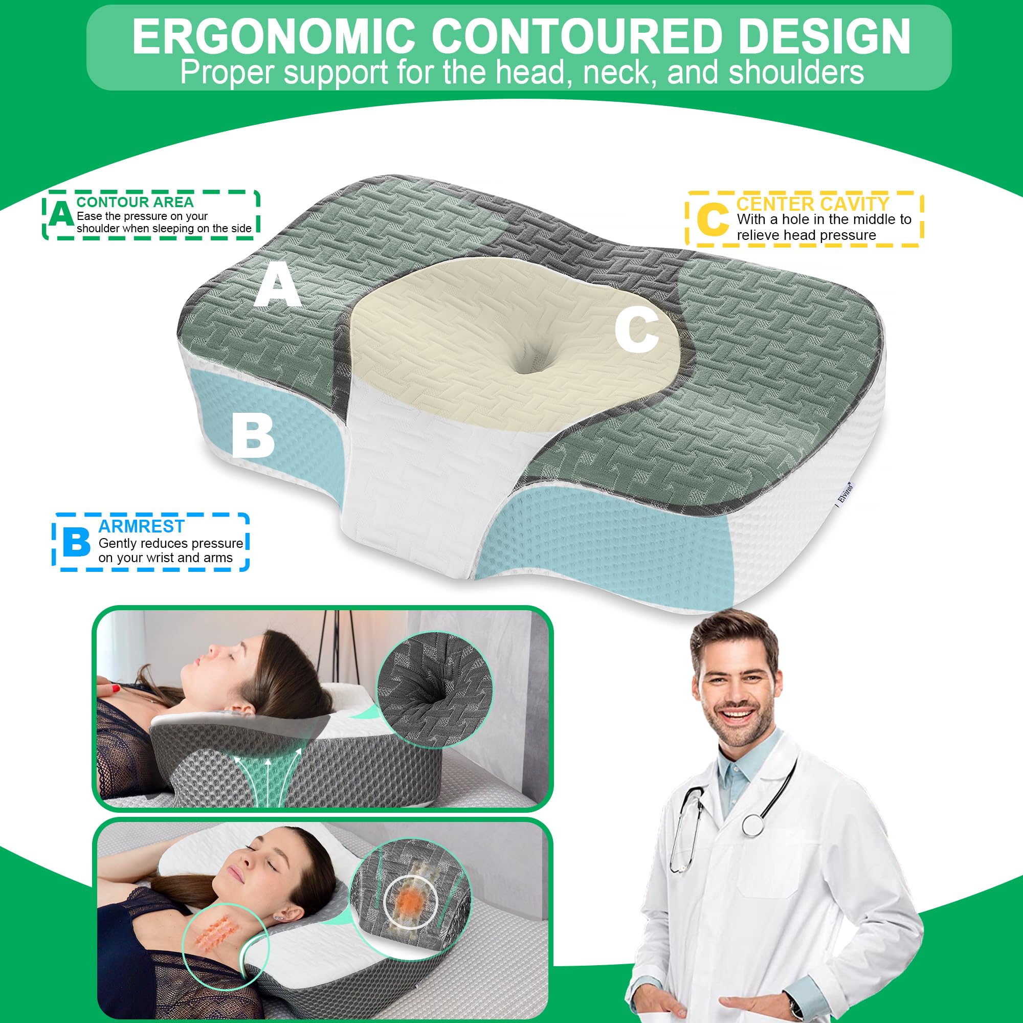 Elviros Cervical Neck Pillow, Contour Memory Foam Pillows for Pain Relief Sleeping, Adjustable Orthopedic Ergonomic Bed Pillow for Back and Stomach Sleepers (White)
