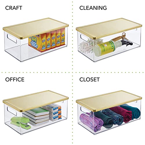 mDesign Plastic Kitchen Storage Bin - Stackable Fridge, Pantry Cabinet, Freezer Organizer - Food Storage Bin Box w/Handles, Steel Lid - 15" Long - Ligne Collection - 2 Pack - Clear/Soft Brass