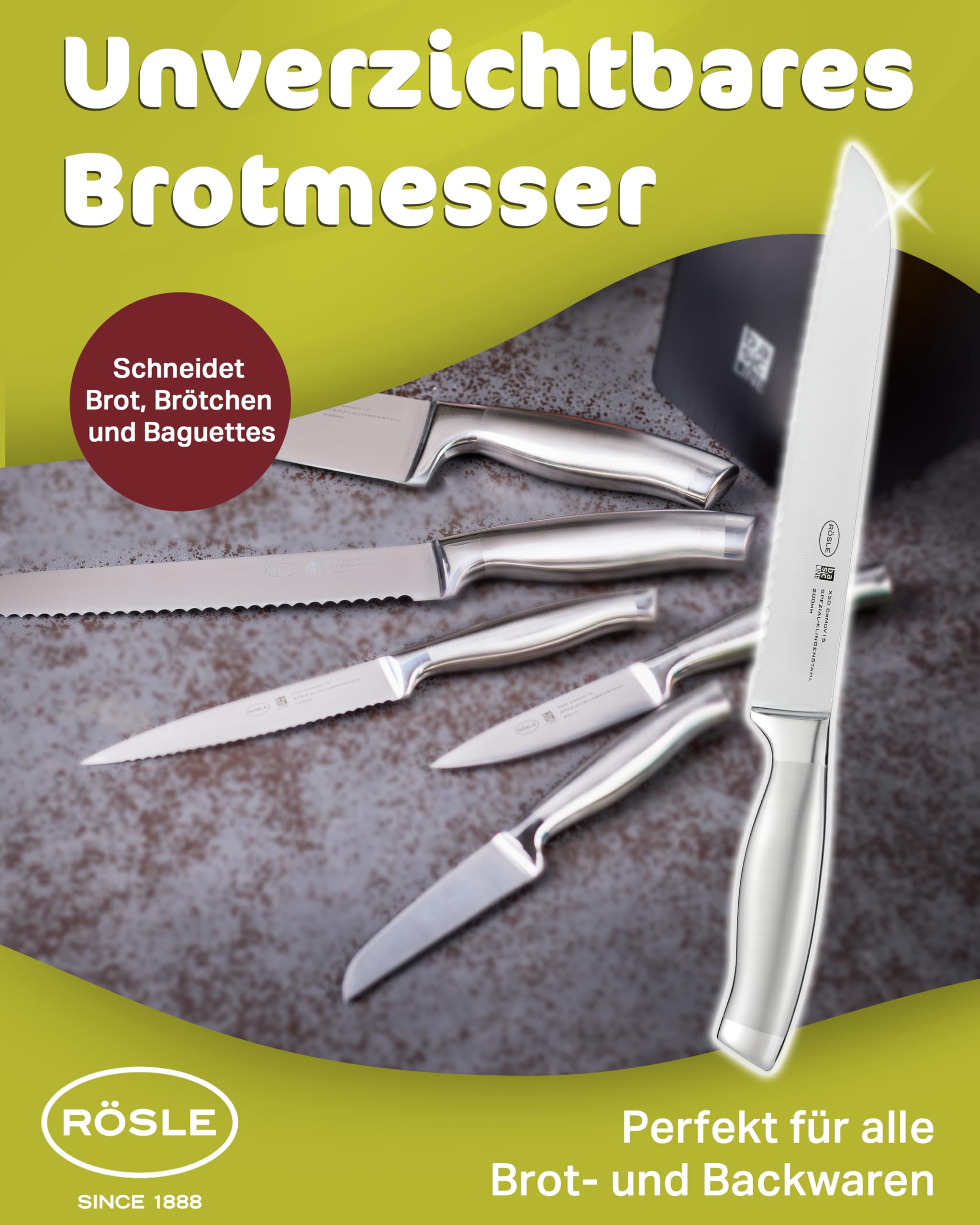Rösle Baics Line Stainless Steel Bread Knife, 8 in Blade