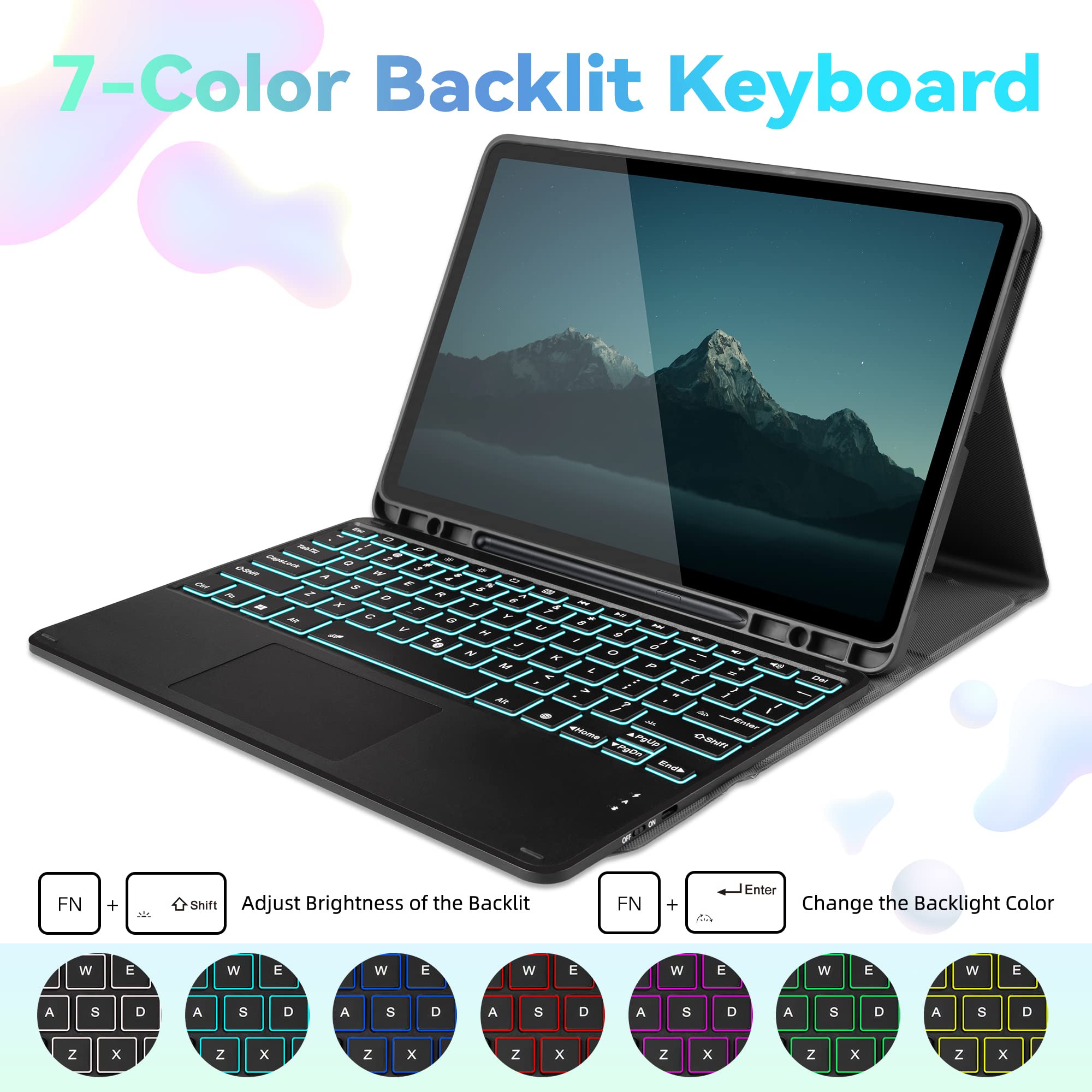 Keyboard Case with Touchpad for Samsung Tab S7 FE/ S7 Plus/ S8 Plus 12.4 Inch, 7 Colors Backlight, Stand Cover with Detachable Bluetooth Keyboard, Trackpad for Galaxy Tab S8+/ S7+ / S7 FE 12.4", Black