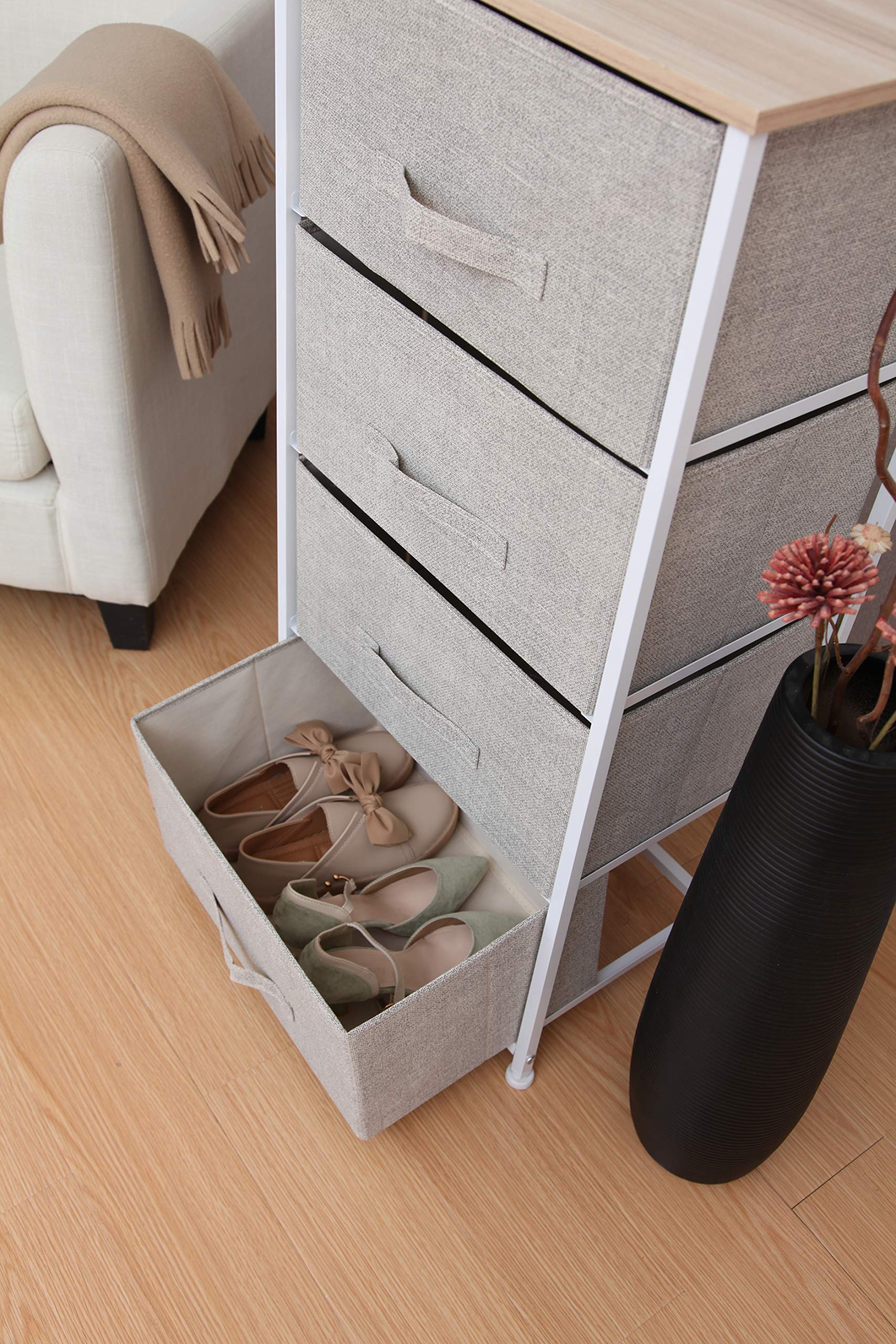 East Loft Tall 4 Drawer Dresser Storage Organizer for Closet, Nursery, Bathroom, Laundry or Bedroom Fabric Drawers, Solid Wood Top, Durable Steel Frame Natural