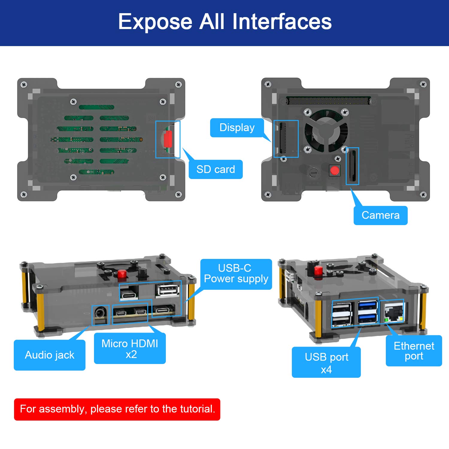 Freenove Case Kit for Raspberry Pi 4 B, Adjustable Speed Cooling Fan, Built-in Power Switch, Acrylic Protective Case, USB Cable