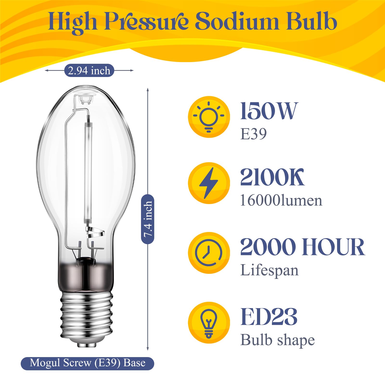 Rossesay LU150/MOG 150 Watt High Pressure Sodium Light Bulb, Mogul Base (E39) Light Bulb, ANSI Code S55, 2100K Outdoor Street Light Bulb, 20000 Life Hours,16000 Lumen