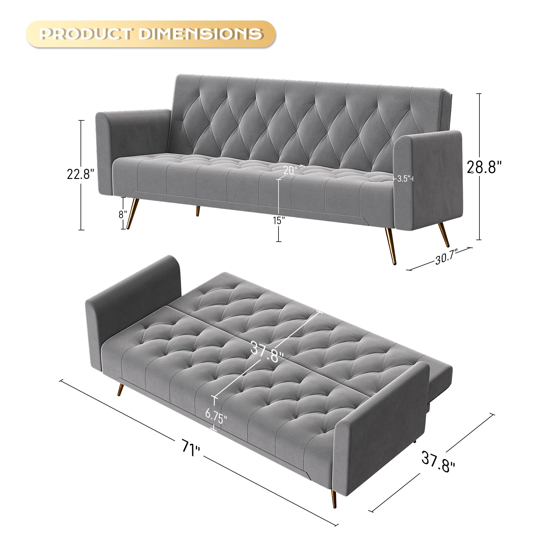 OUYESSIR Velvet Futon Couch Bed, 71 inch Loveseat Convertible Sleeper Sofa with 2 Pillows, Modern Small Futon Couch for Bedroom, Living Room (Grey)
