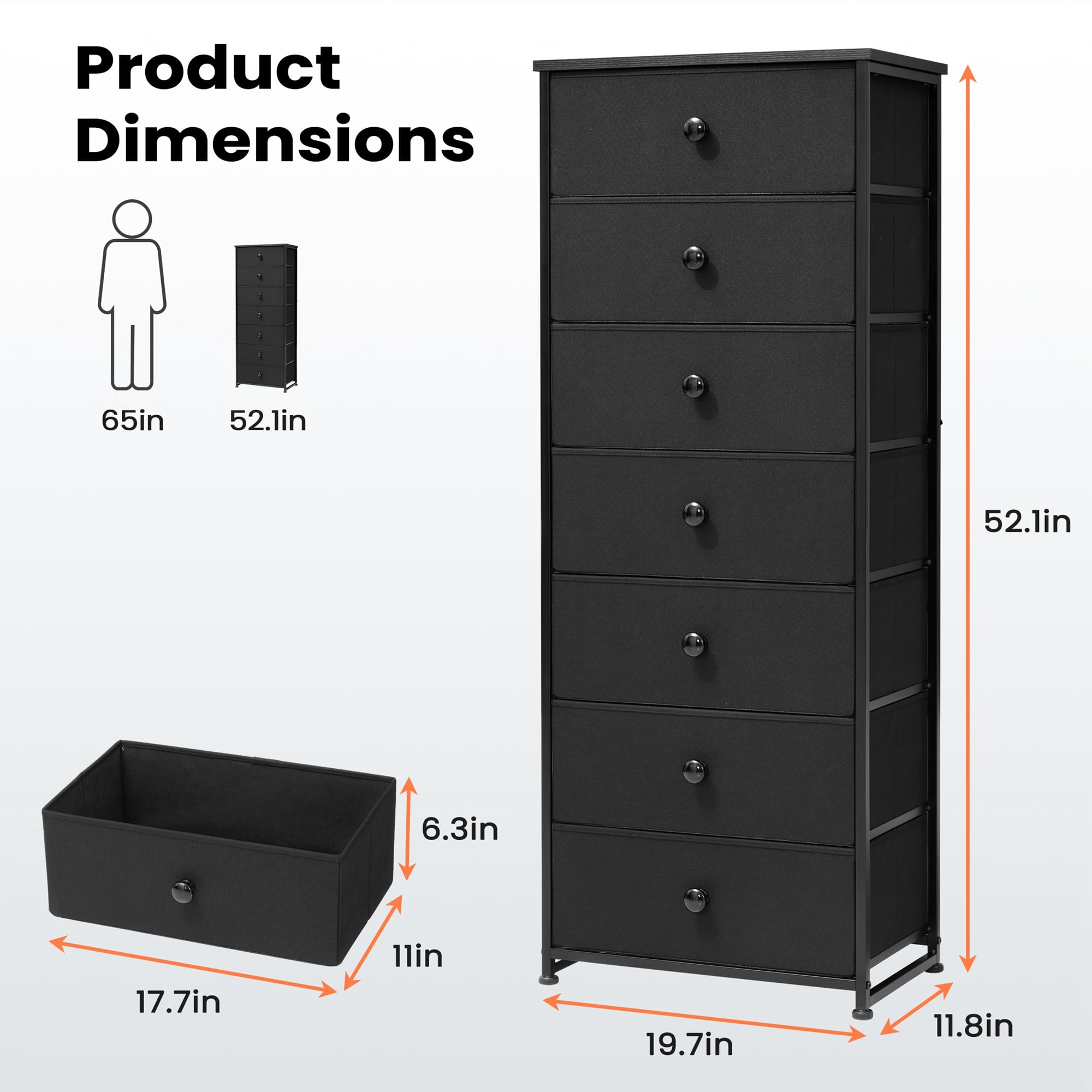 Products Tall Dresser, 7-Drawer Fabirc Storage Tower, Chests of Drawers - Vertical Organizer Unit for Bedroom, Hallway, Nursery, Closets - Steel Frame, Wood Top & Handles, Black