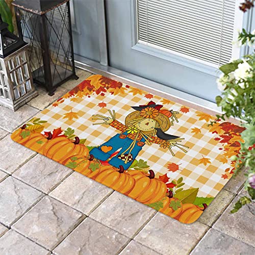 Fall Bathroom Rugs Scarecrow Crow Pumpkin Fall Bath Mat Sponge Doormat, Maple Leaf Buffalo Plaid Absorbent Bath Mat Non Slip Washable Durable Foam Mats Carpet for Bathroom Kitchen,18 x 30 Inch