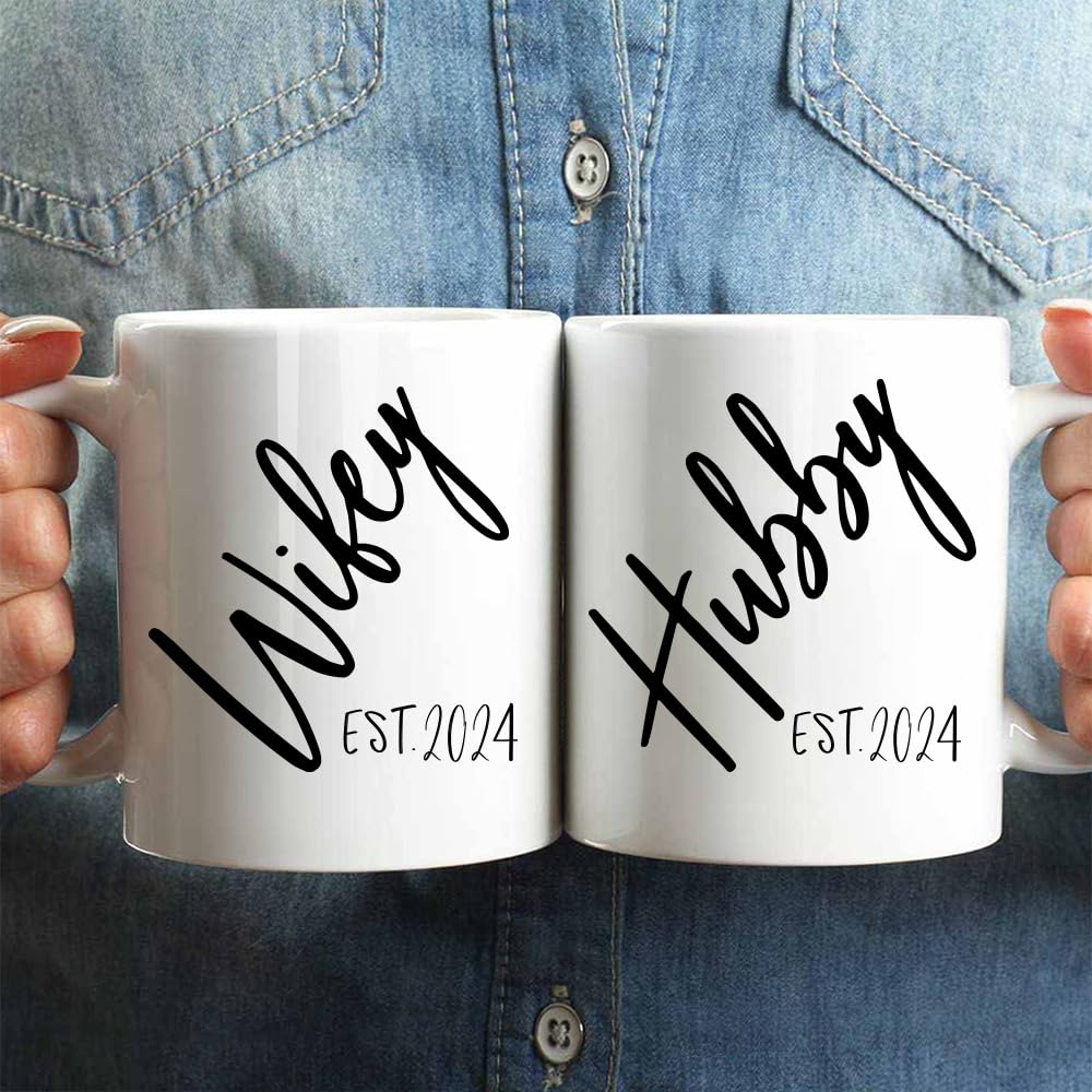 Est 2024 Gift for Husband & Wife Coffee Mug, 2024 Hubby Wifey Mug Wedding Gift, Mr and Mrs Bridal Shower Gift Unique Wedding Gift for Couple Set of 2 Mug (white)