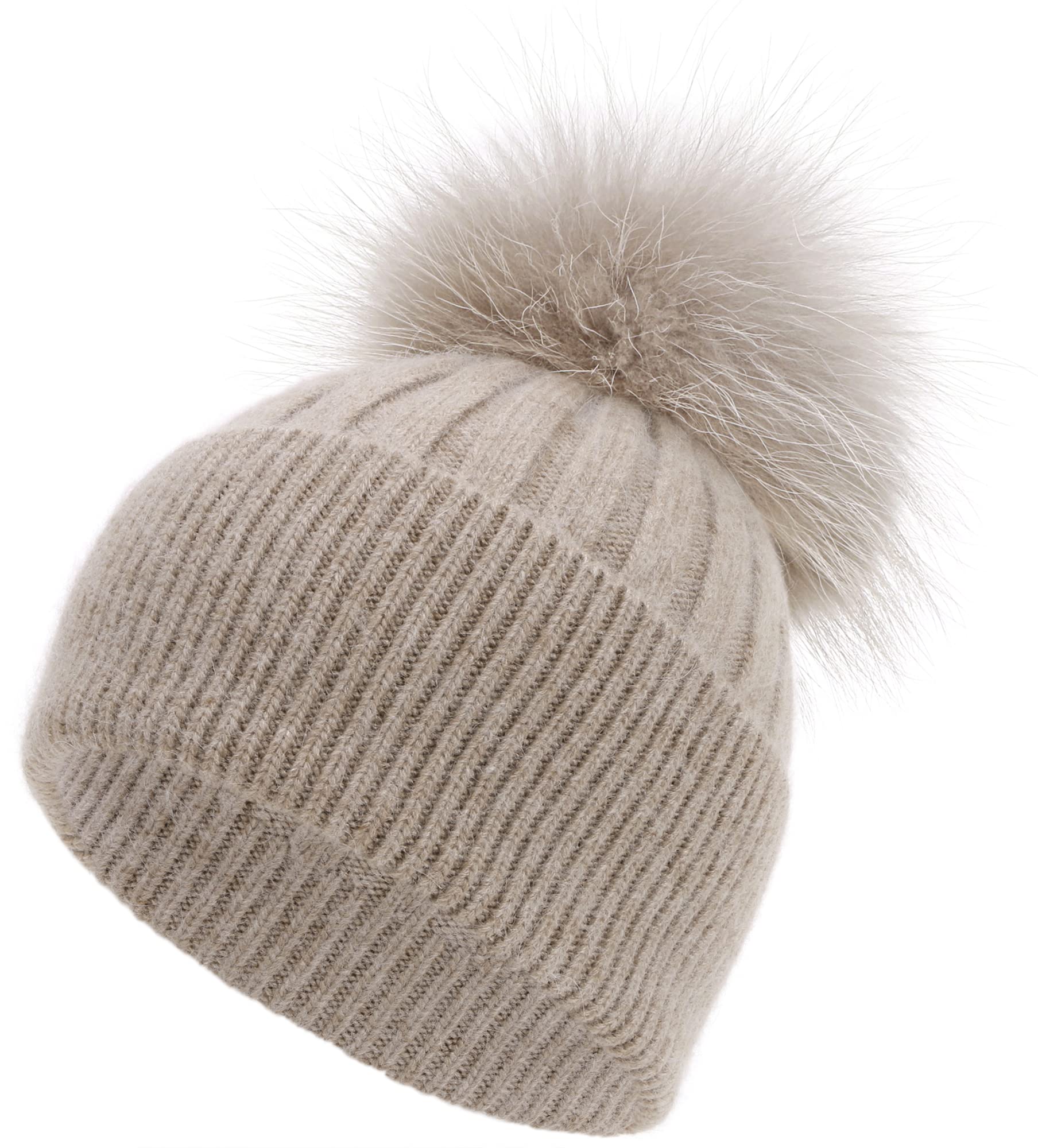EASTER BARTHE Women Cashmere Cuffed Beanie Warm Winter Fox Fur Pompom Knit Beanie Hat Stocking Cap Ski Hat (Khaki)