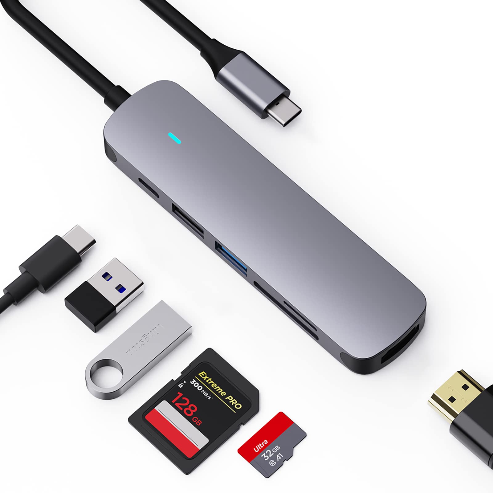 MOSHOU USB-C Hub, 6-in-1Type-C to HDMI Adapter Aluminum with 4K HDMI, 60W Power Delivery, USB3.0 5 Gbps Data Ports, TF and SD Card Reader for MacBook Air, MacBook Pro, XPS, Switch Thunderbolt Splitter