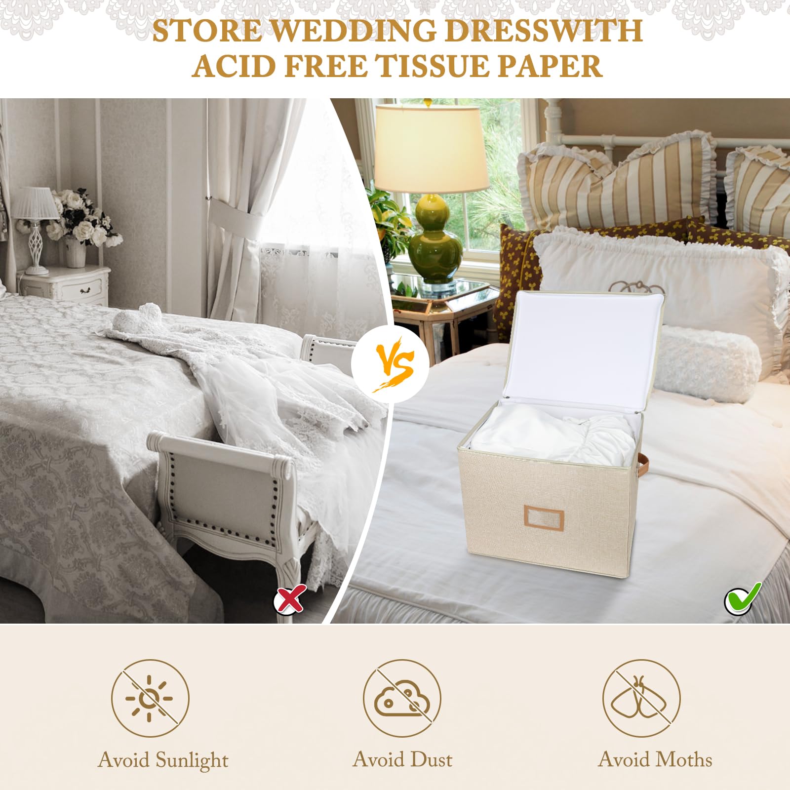 Lukeline Wedding Dress Storage Box, Wedding Dress Preservation Box with Lid, Foldable Acid-Free Organizer with 1 Pair of Microfiber Gloves and 20 Sheets of Acid-Free Paper (1, Medium)