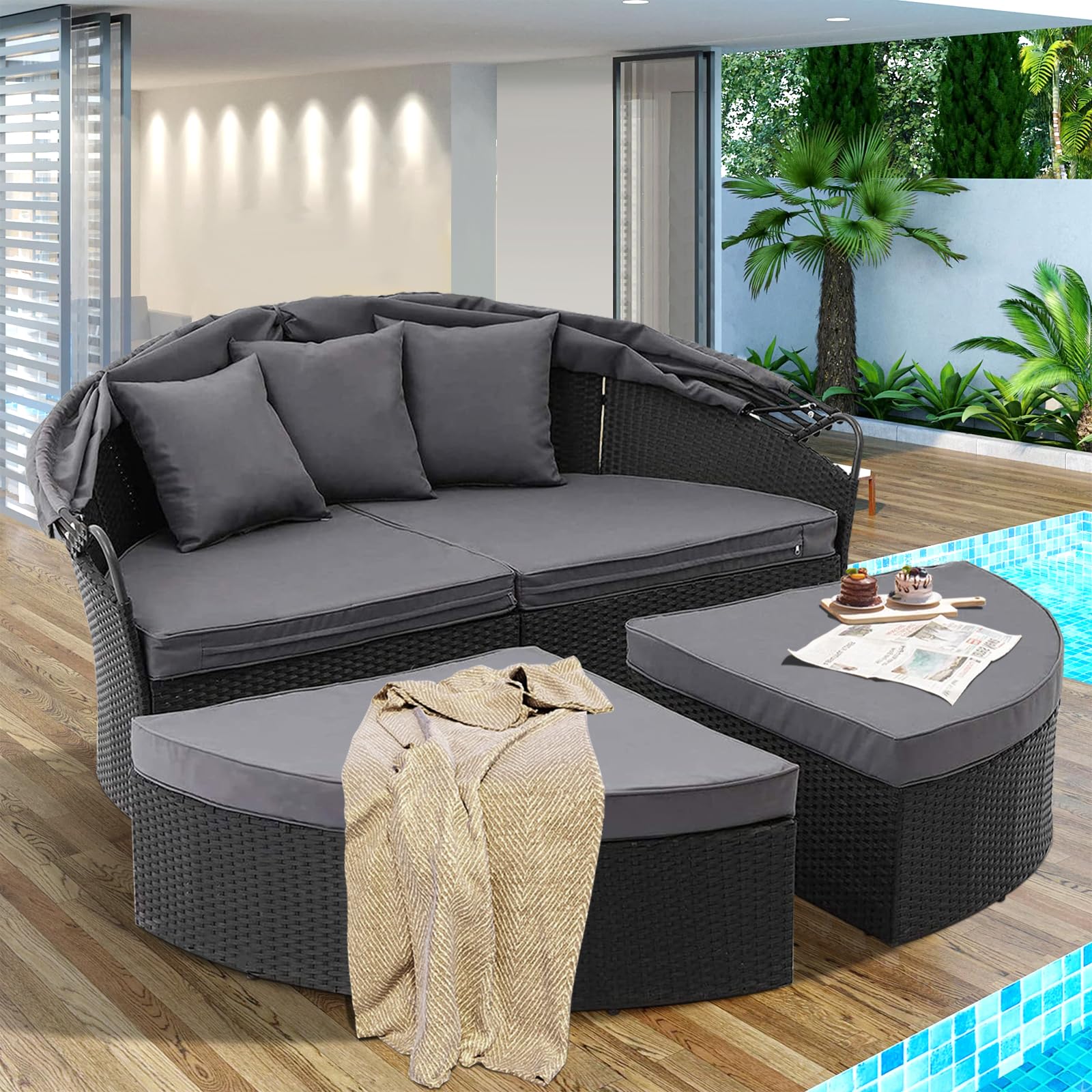 Oakmont Outdoor Patio Furniture Canopy Daybed Round Sofas, 4 Pieces Seating Separates Cushioned Seats, Black Wicker, Lawn Poolside Garden, Grey