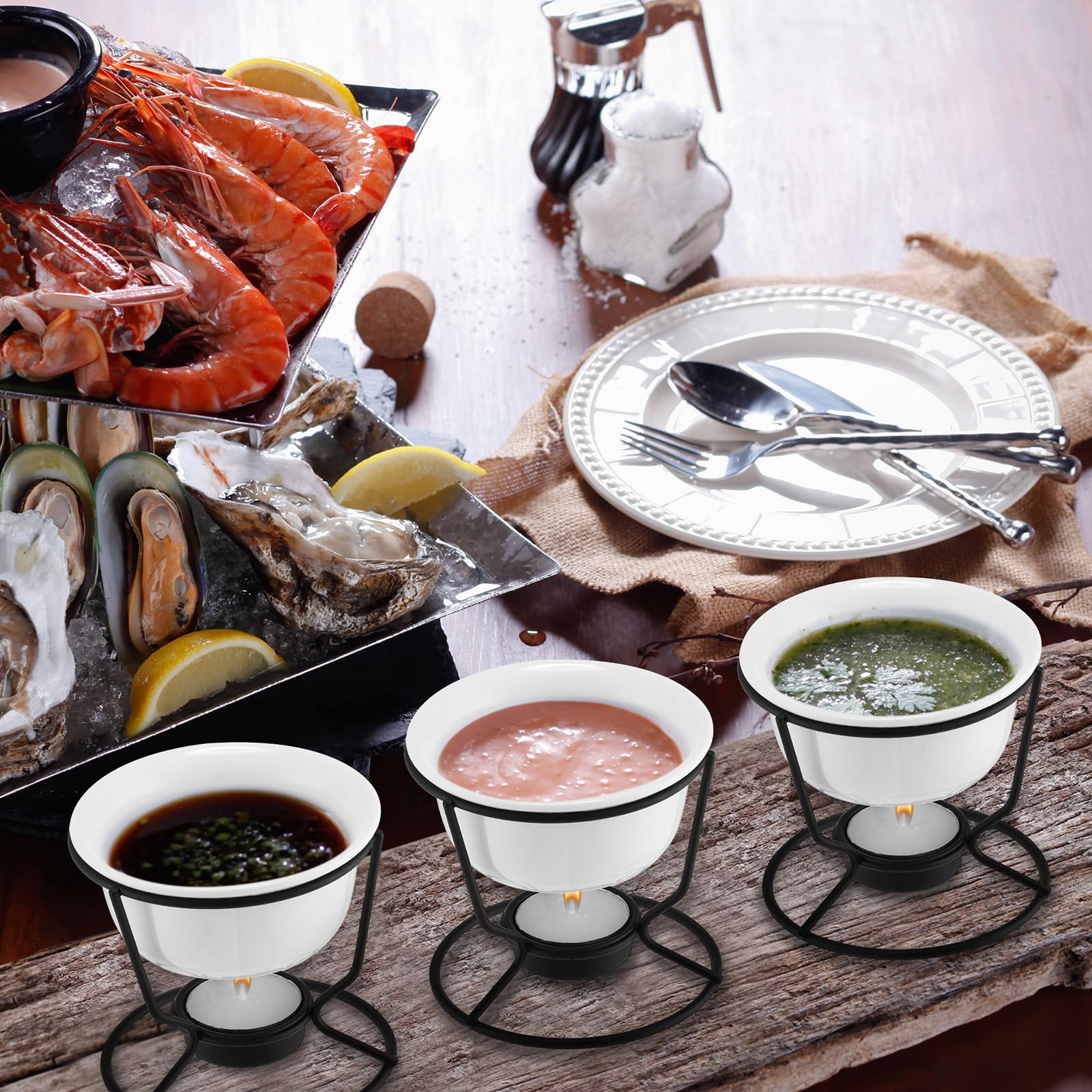 Rossesay 8 Pcs Ceramic Butter Warmers for Seafood Set 4.7oz Butter Warmer with 32 Pcs Tealight Candles for Chocolate Cheese Fondue Melting, Dishwasher Safe, Microwave Safe, Oven Safe, White