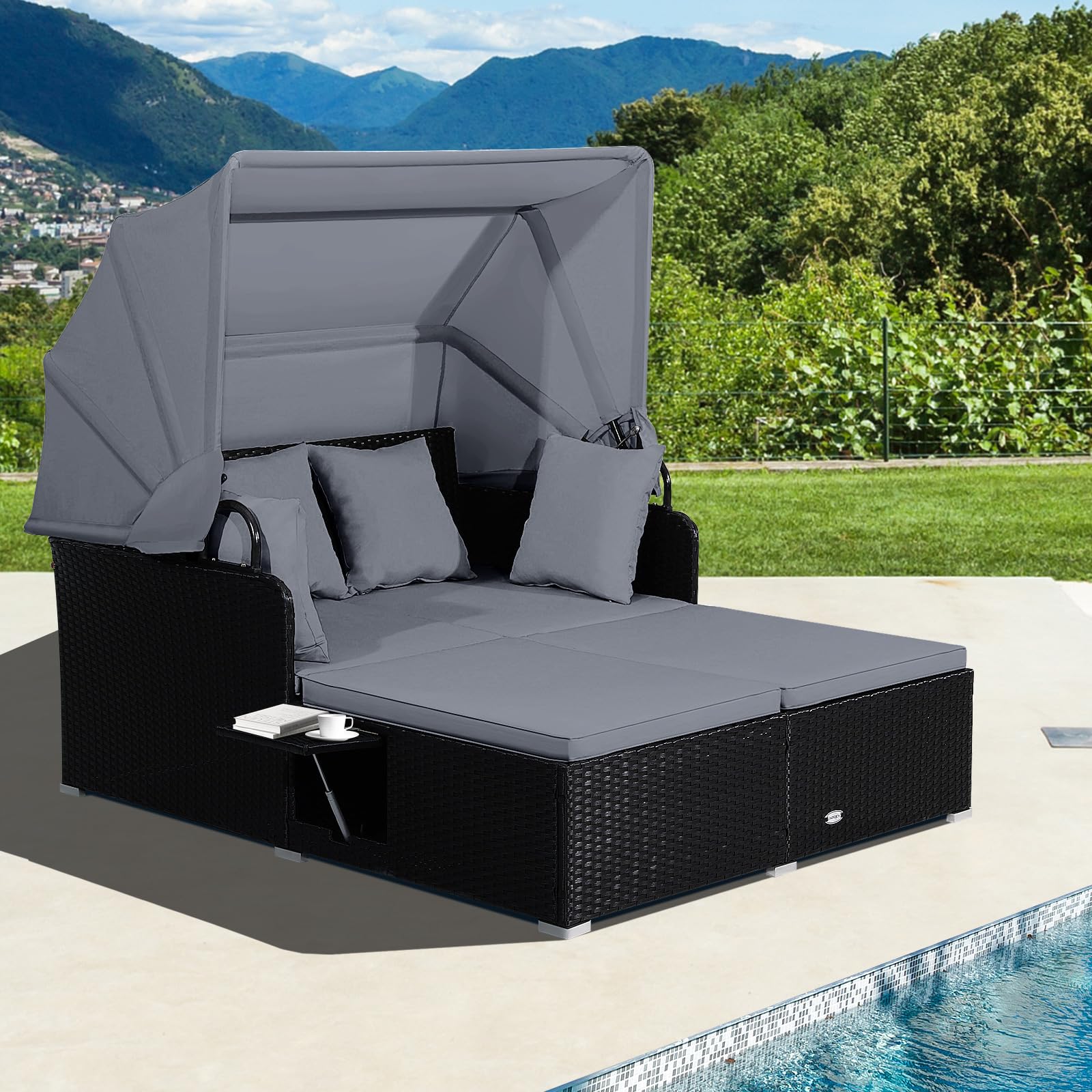 Tangkula Patio Rattan Daybed with Retractable Canopy, Patiojoy Wicker Sun Lounger with 2 Foldable Side Panels, Thick Seat & Back Cushions, for Garden, Backyard, Porch (Grey)