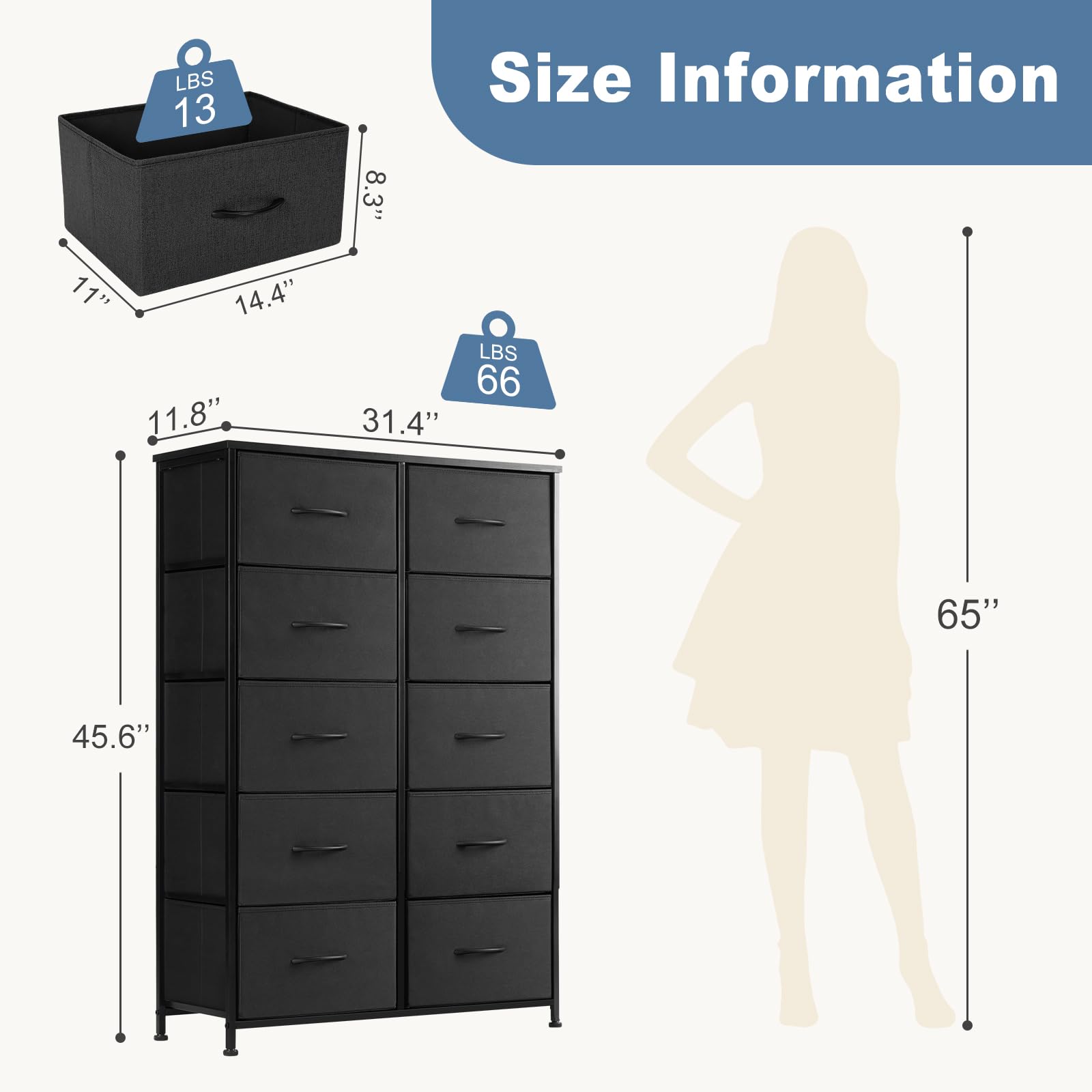 DUMOS Storage Dresser Organizer, 10 Drawers, Black