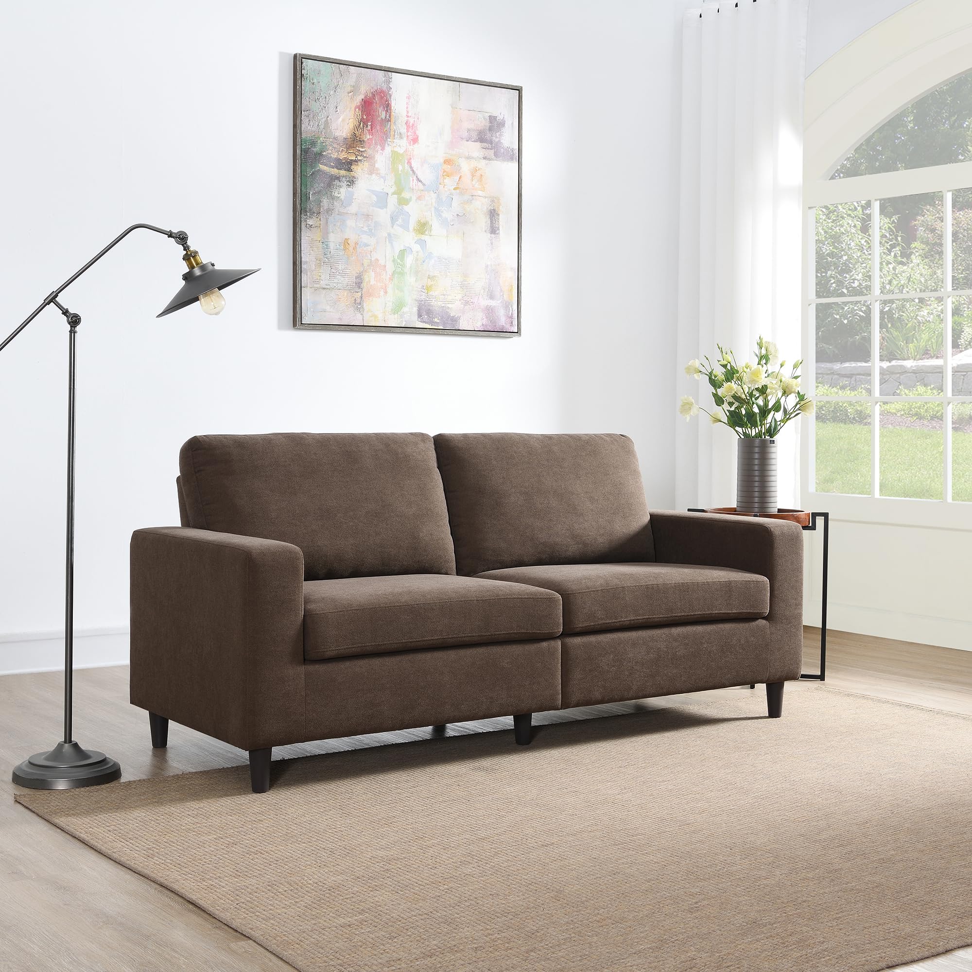 LULUTONG 75.2'' Living Room Modern Brushed Fabric Upholstered Sofa, 3 Seater Couch for Apartment, Dorm, Bonus Room, Office, Studio, Living Room, Bedroom, Solid Wood Frame, Easy Assembly - Brown