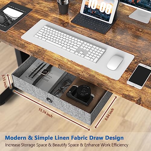 DUMOS Adjustable Height Electric Standing Desk with Drawer,48 x 24 in Ergonomic Computer Table with Splicing Board, Wire Hole and Hook for Workstation for Home, Office, Rustic Brown