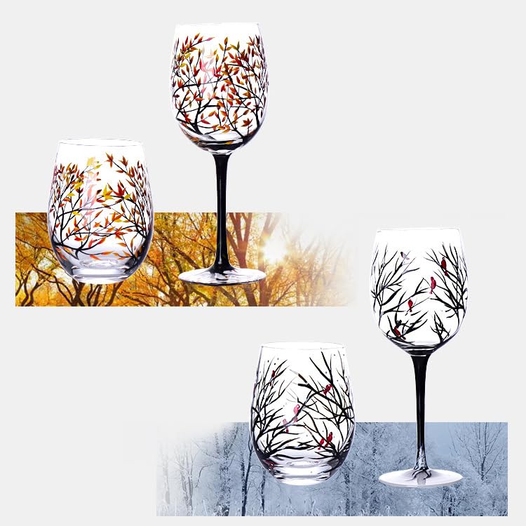 Four Seasons Tree Wine Glasses, Hand Painted Wine Glasses, Unique Anniversary Wedding Christmas Gift (B, L)