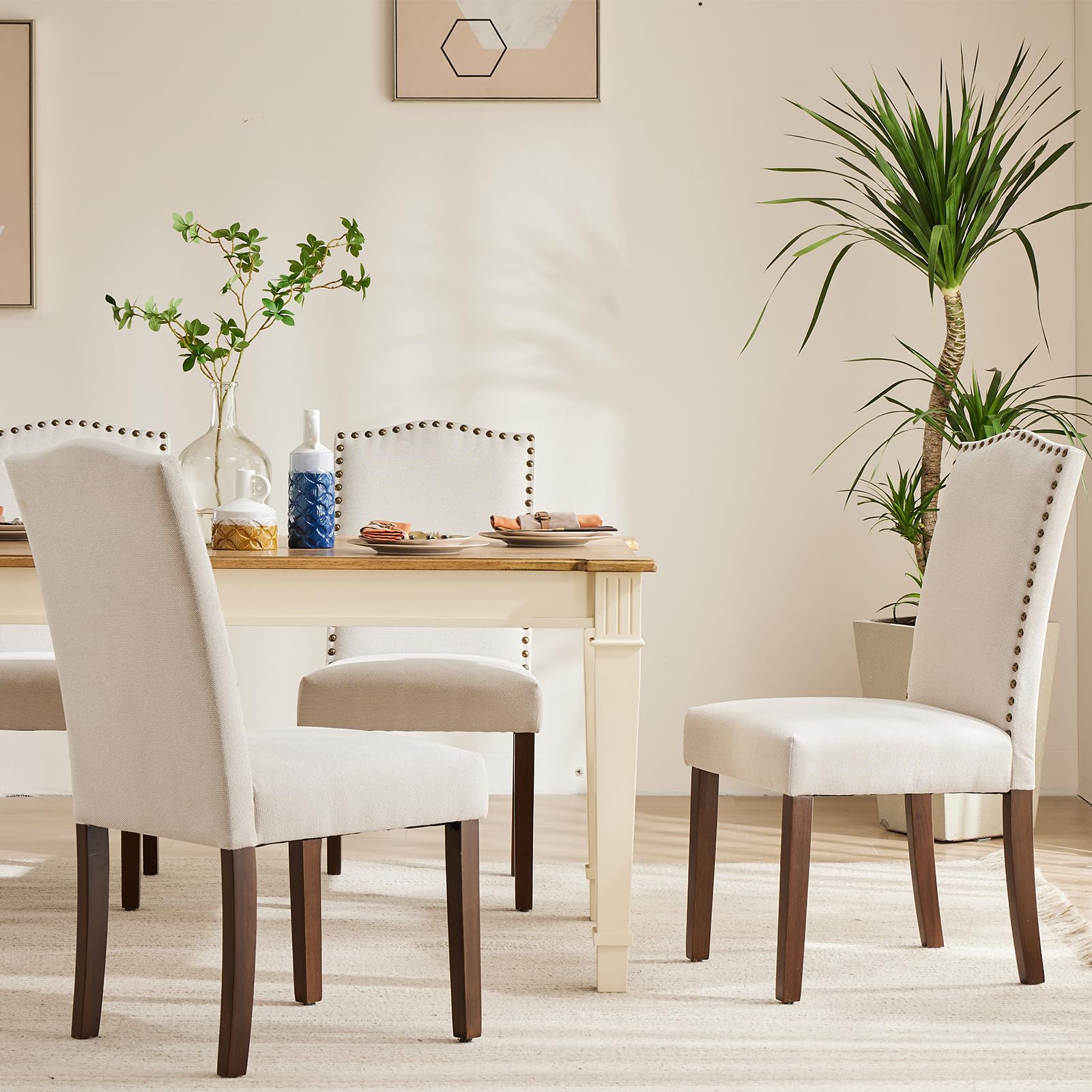 DUMOS Dining Chairs Set of 2, Fabric Dining Room Chairs, Upholstered Parsons Chairs with Nailhead Trim and Wood Legs, Kitchen Side Chair for Dining Living Room,Bedroom - Beige
