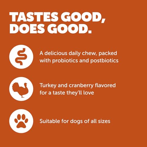 Protexin Daily Care Gut+ Immunity, 60 probiotic and postbiotic Dog Supplement Chews โ Turkey and Cranberry Flavored