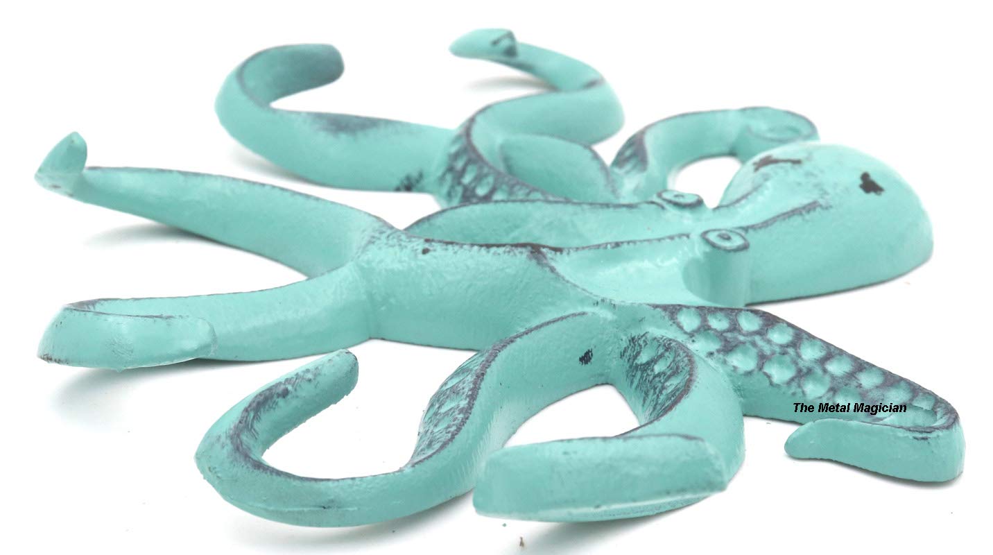 Octopus Keys Hook, Decorative Wall Mounted Nautical Wall Rack, Antique Key Holder Hook, Cast Aluminum Hanger for Coat, Hand Towel, Bathrobe, Jacket, Swimming, Kitchen & Balcony (Distressed Green)