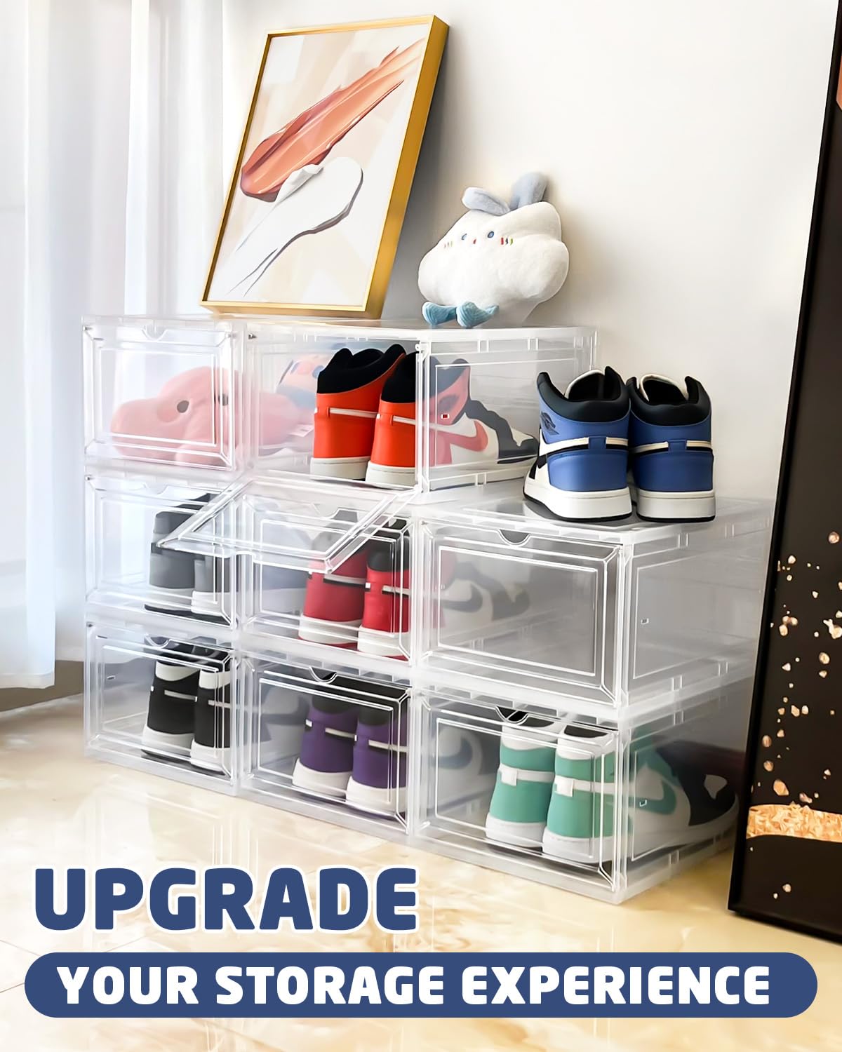 Lzerking Shoe Organizer 8 Pack with Magnetic Doors, Thickened Sturdy Boxes, Stackable Shoe Containers for Sneakers, Boots, Hats, Bags; Fits up to US Size 12 (13.3x10.5x7.4, White)
