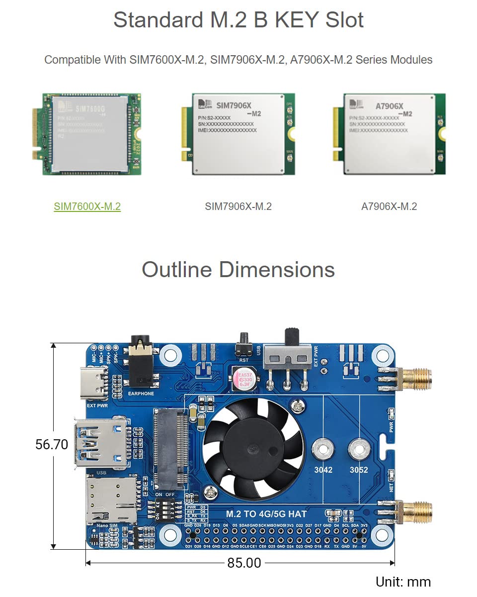 Waveshare SIM7600G-H M.2 4G HAT, Compatible with Raspberry Pi 5/4B/3B/Zero/Zero W/Zero 2W/Pico/Pico W/Pico WH, LTE CAT4 High Speed Global Coverage Multi Band 4G/3G/2G, GNSS