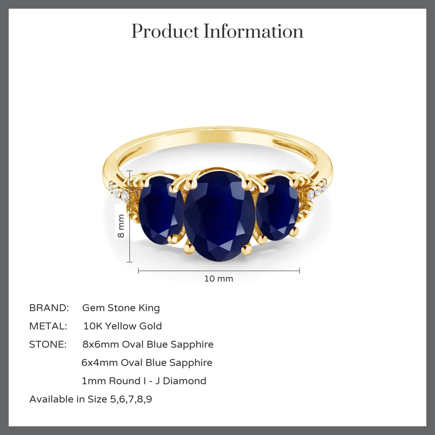 Gem Stone King 2.94 Cttw 10K Yellow Gold Blue Sapphire and Diamond 3-Stone Engagement Ring | Gemstone Birthstone | 3 Stone Wedding Anniversary Promise Ring For Women (Size 6)