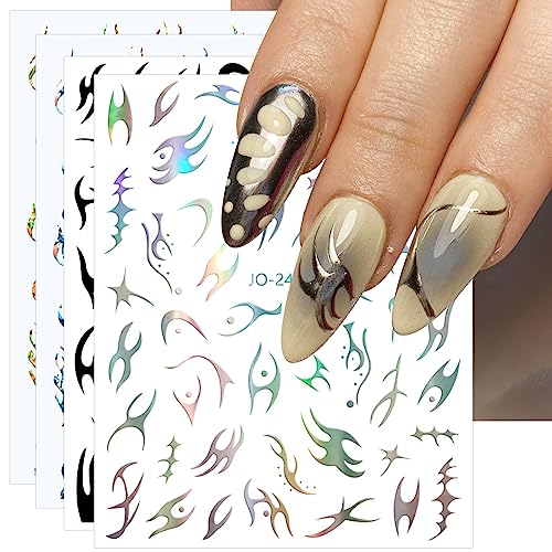 JMEOWIO 10 Sheets Abstract Flame Line Nail Art Stickers Decals Self-Adhesive Pegatinas Uñas Colorful Nail Supplies Nail Art Design Decoration Accessories