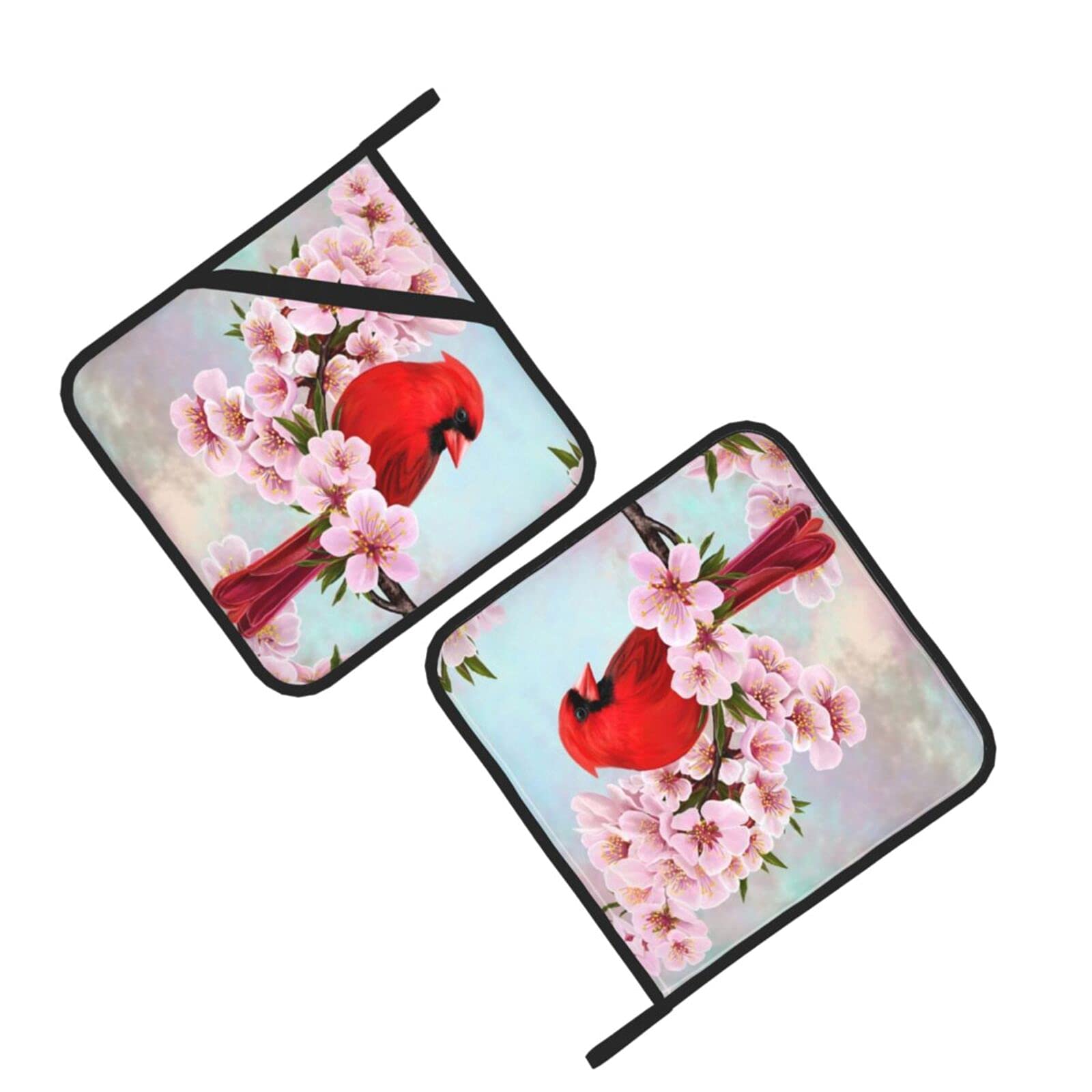 Evava Potholders 2 Pieces Set, Red Cardinal Bird Pink Flowers Hot Pads with Anti-Scald Cotton Infill Material Birds One Size