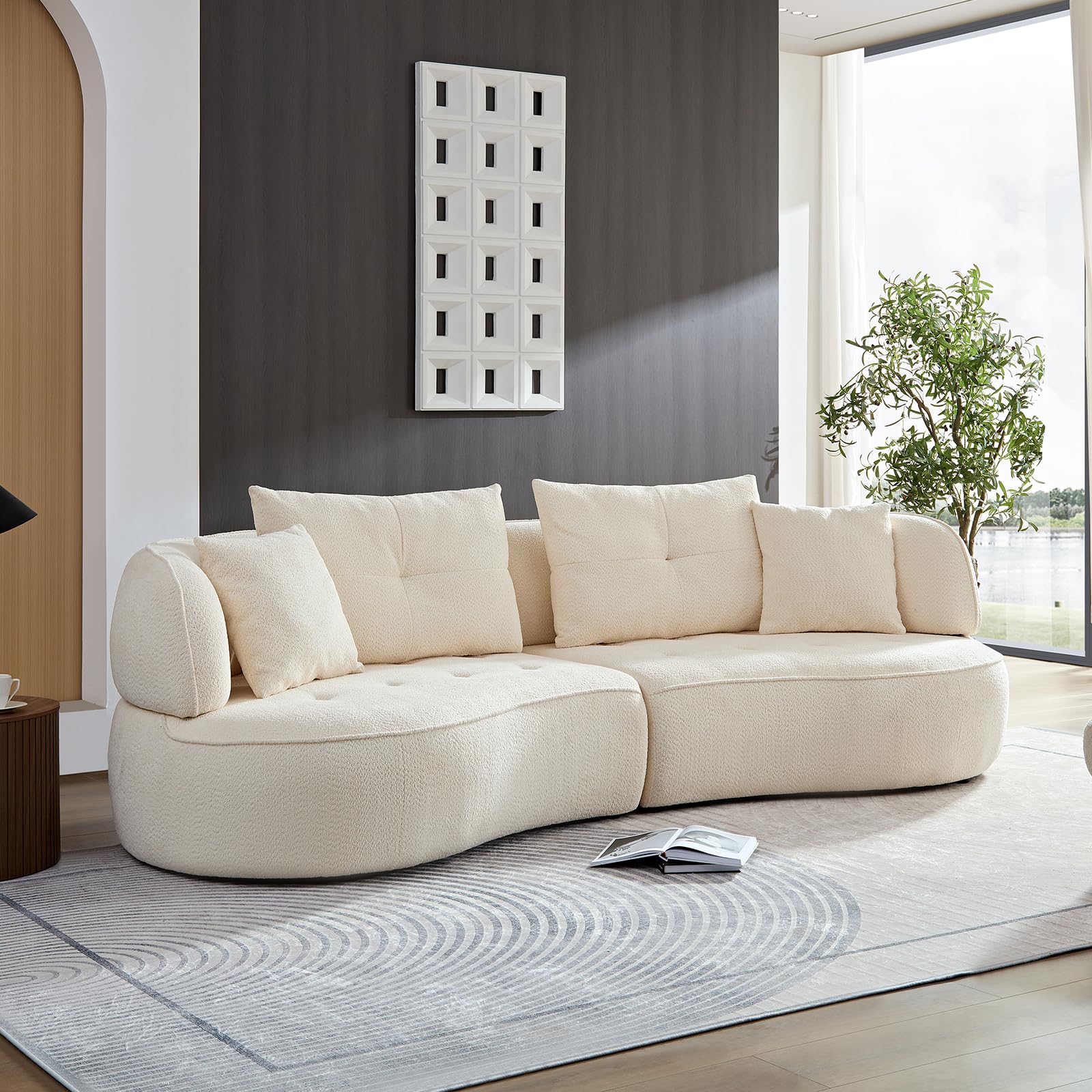 M MEETAKING 109'' Modern Curved Sofa Couch,Upholstery Boucle Sofa Couch with Pillows, Sectional Sofa Couch for Living Room, Bedroom, Dining Room, Den, Office, Guestroom (White)