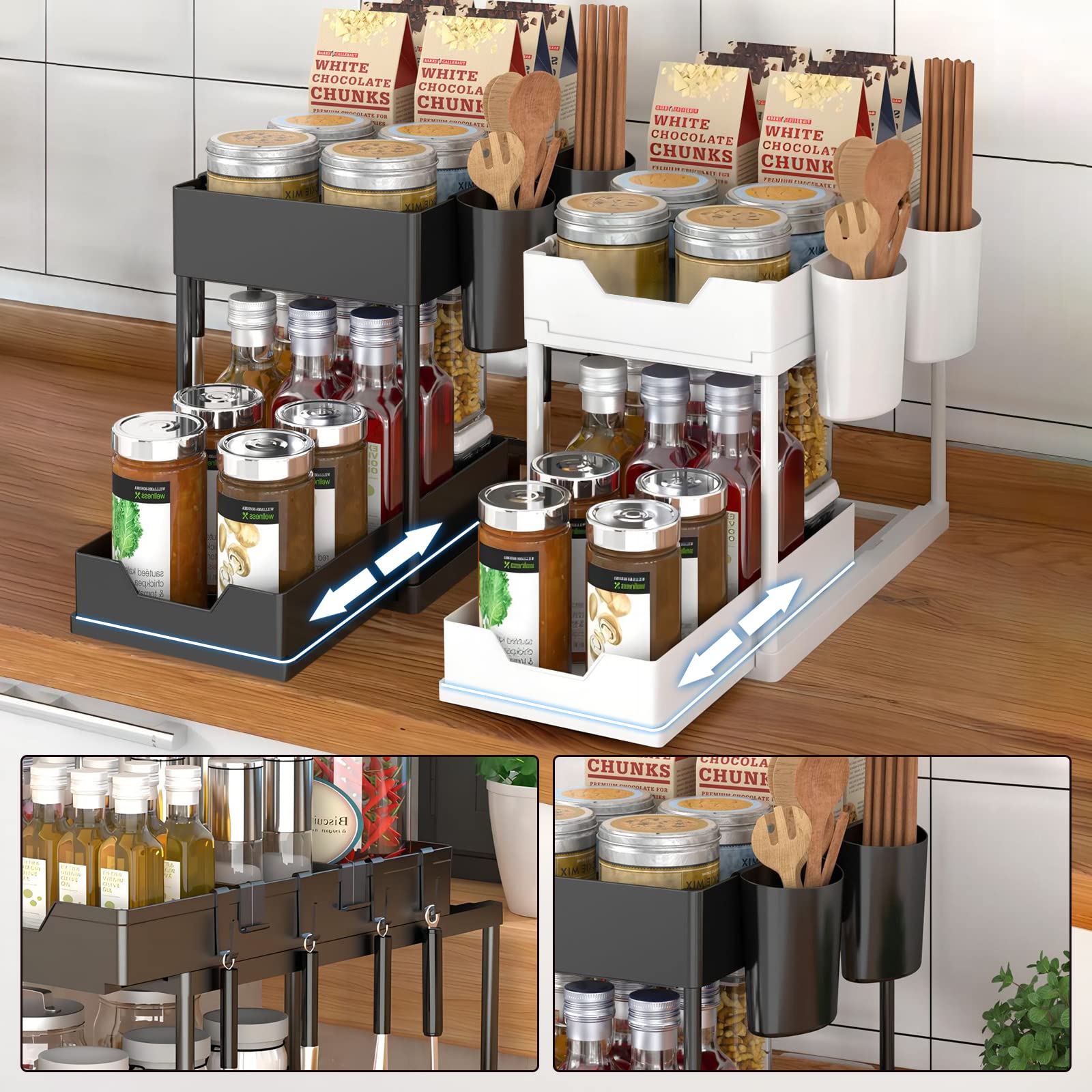 Fourmor Under Sink Organizers and Storage - 2 Tier Slide Out Shelf Under Cabinet Kitchen Storage with 4 Hooks, Pull Out Under Sink Organizer for Kitchen Bathroom Counter Office Pantry