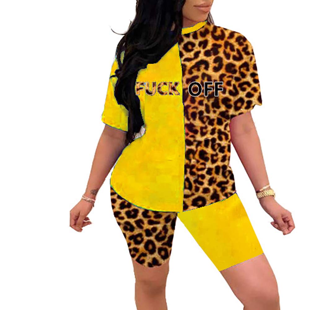 ECHOINE Women's Casual 2 Piece Outfit Jumpsuits Short Sleeve Sweatshirt Short Pants Tracksuit YELLOW L