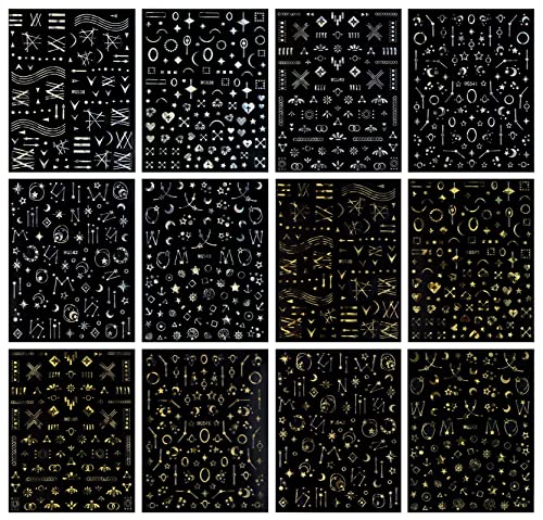 JMEOWIO 12 Sheets Moon Star Sun Nail Art Stickers Decals Self-Adhesive Pegatinas Uñas Gold Silver Nail Supplies Nail Art Design Decoration Accessories