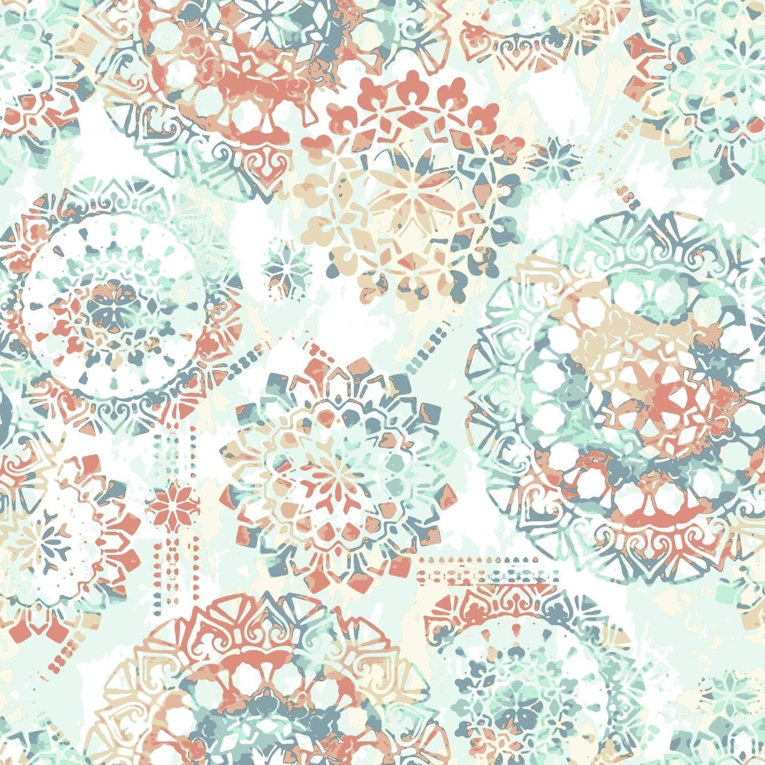 RoomMates RMK9126WP Orange and Blue Boho Medallion Peel and Stick Wallpaper, Coral, 20.5" x 16.5 feet