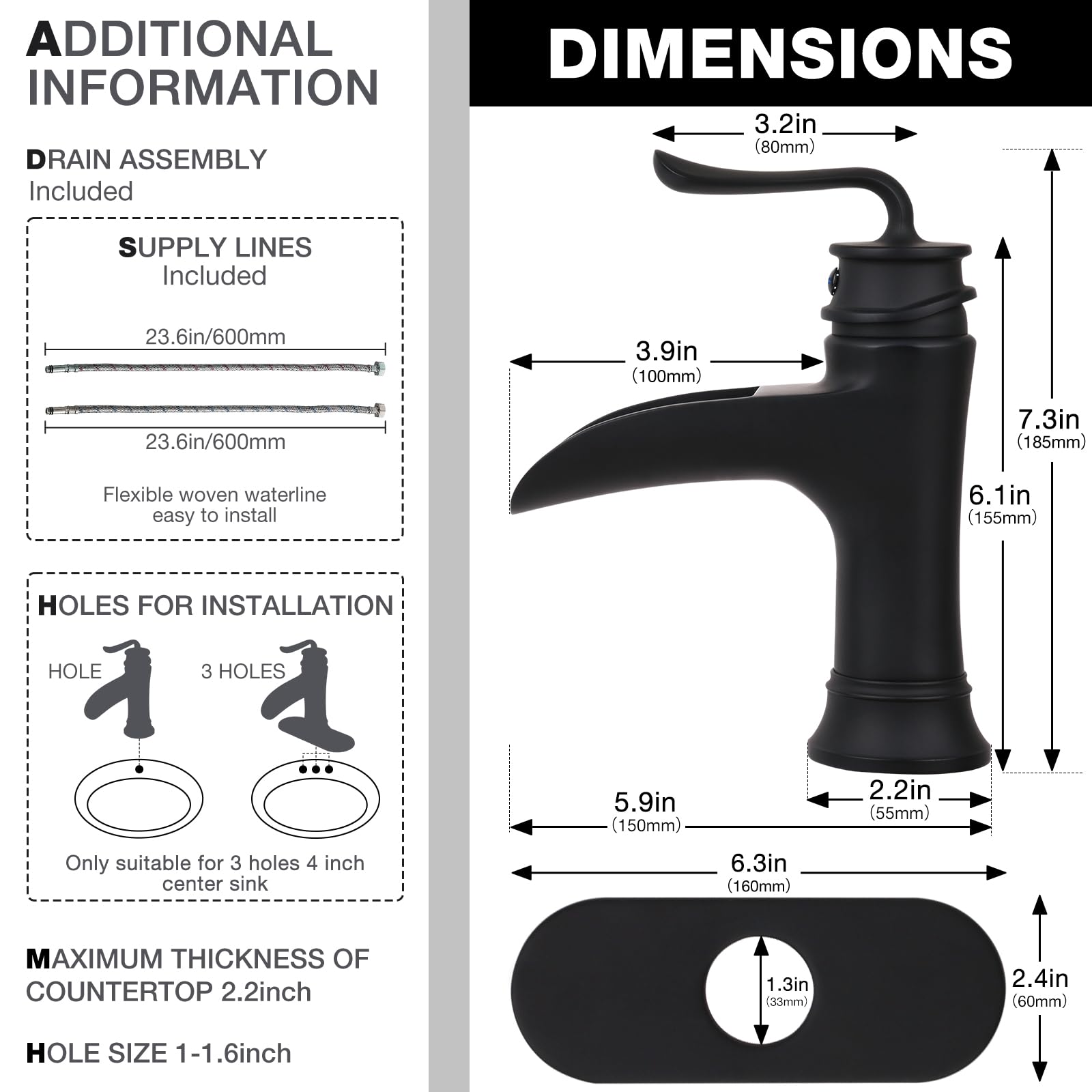 M OUDEMEI Solid Brass Waterfall Spout Bathroom Sink Faucet, Single Handle Lavatory Faucet with Deck Plate for 1 OR 3 Hole, 4 Inch Centerset Vanity Faucet (with Drain, Matte Black)