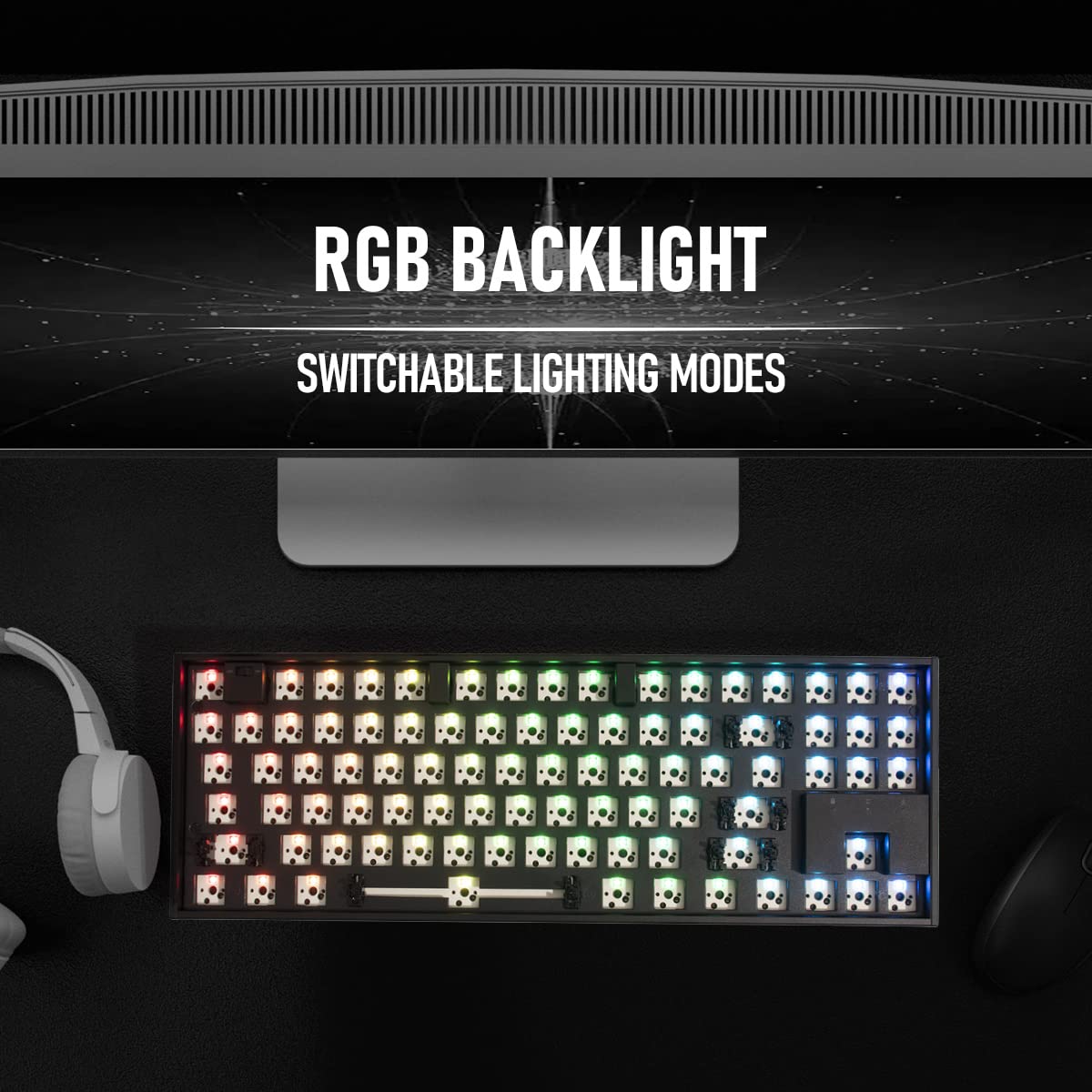 Hunfuthr AL87 RGB Hotswap Mechanical Gaming Keyboard Kit 87keys Aluminum Alloy Shell Keyboard Kit Triple Mode Connection with Replaceable MX Switch 5Pin/3Pin Sound Insulation Mat(Black)