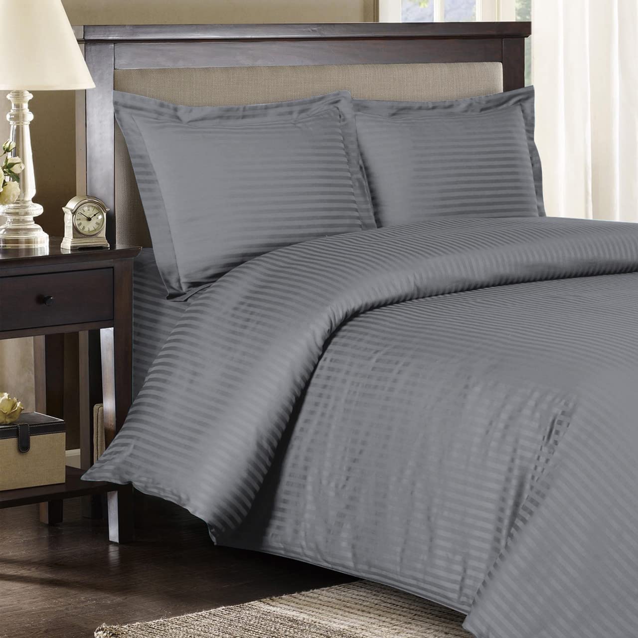 Royal Hotel Stripe Gray 3pc Full/Queen Comforter Cover (Duvet Cover Set) 100-Percent Cotton, 600-Thread-Count, Sateen Striped