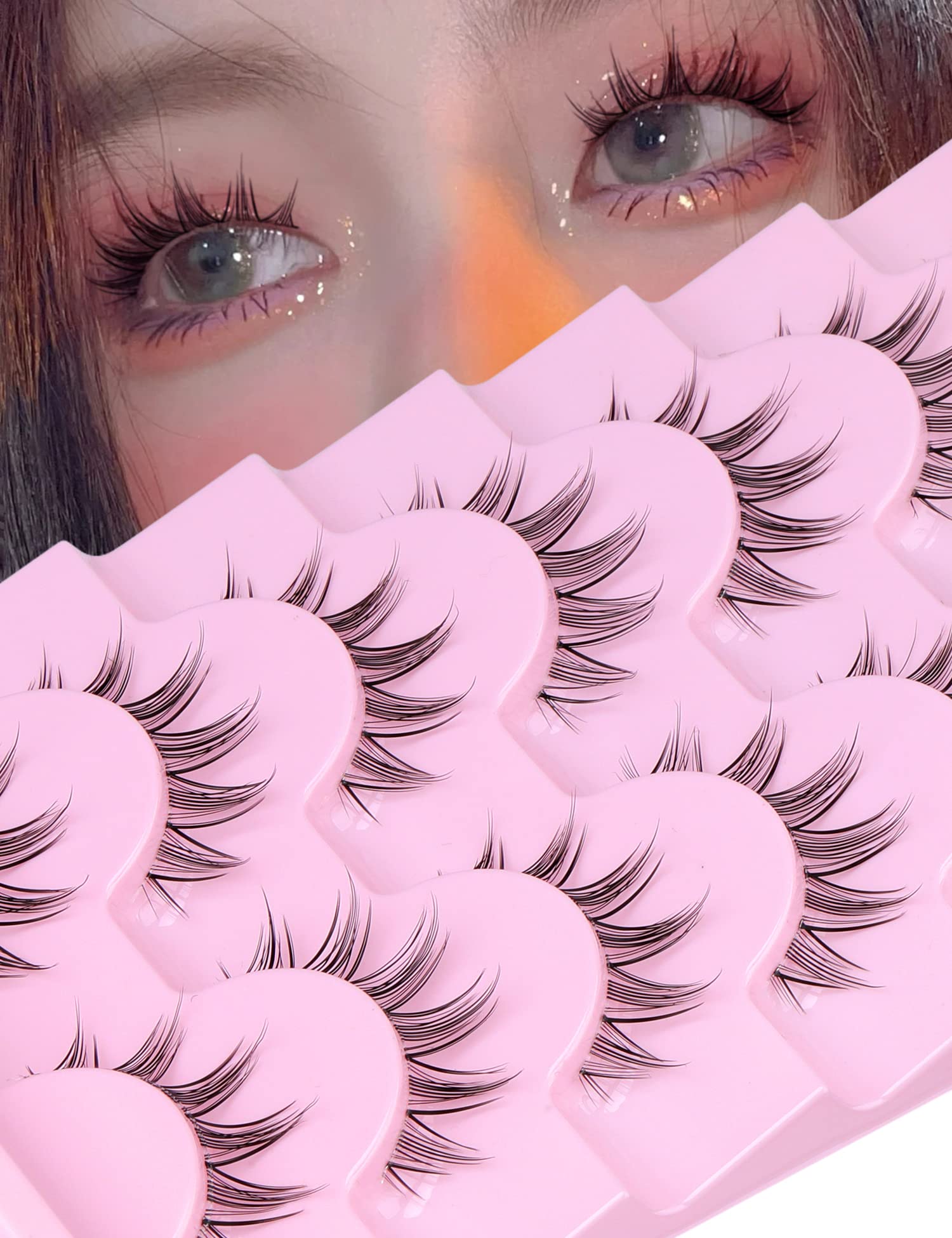 False Eyelashes Manga Lashes Natural Look Wispy Anime Lashes Mink Spiky Fake Eyelashes with Clear Band Strip Korean Eye Lashes Pack by GVEFETIEE