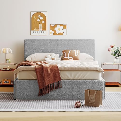 EMKK Full Size Upholstered Platform Bed with 4 Drawers and Golden Edge on The Headboard & Footboard,Bedframe for Kids,Adults Bedroom, w/4 Drawers Tufted Headboard
